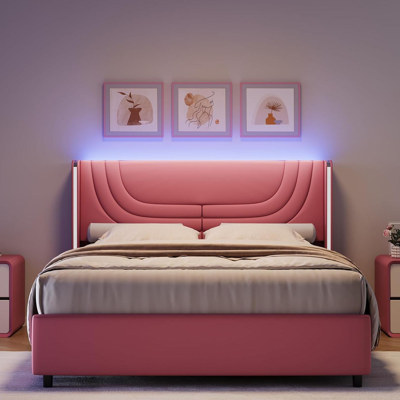 4 EVER WINNER Full Size LED Bed Frame, Upholstered Platform Bed with ...