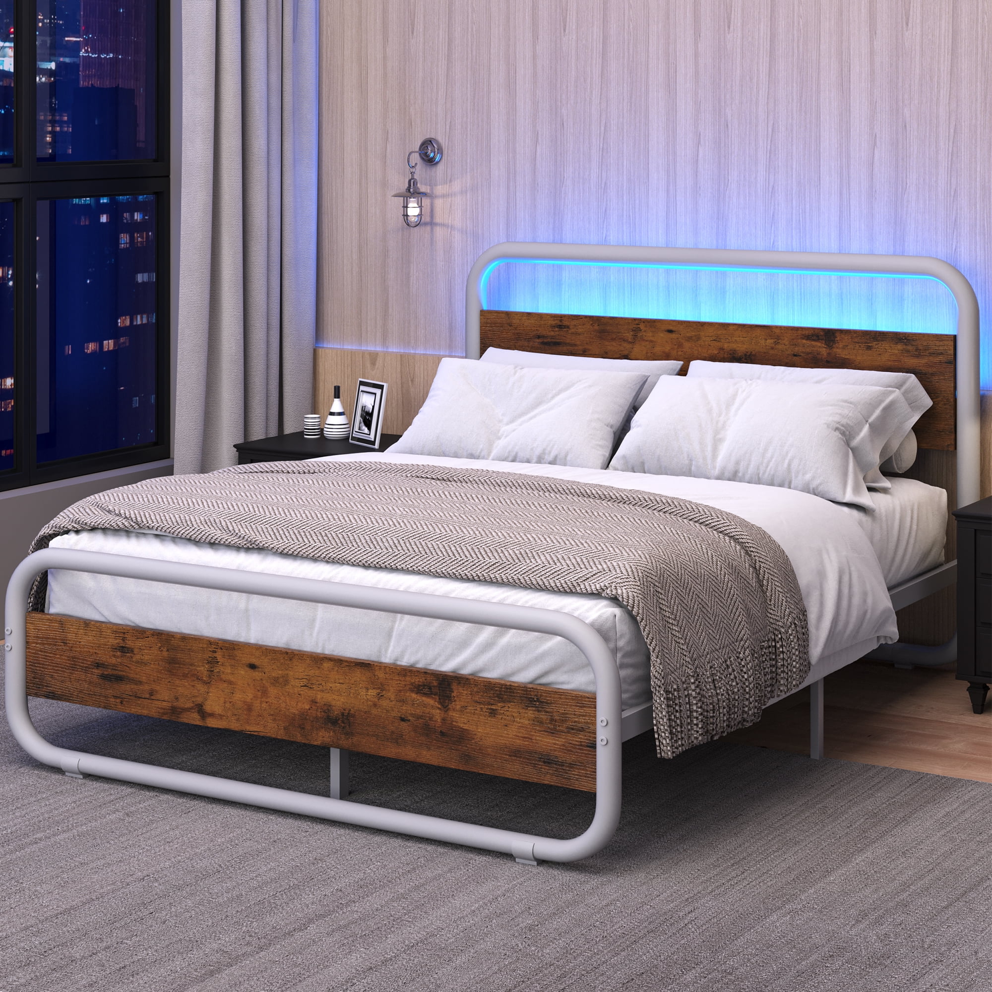 4 EVER WINNER Full Size LED Bed Frame, White Metal Platform Bed Frame ...