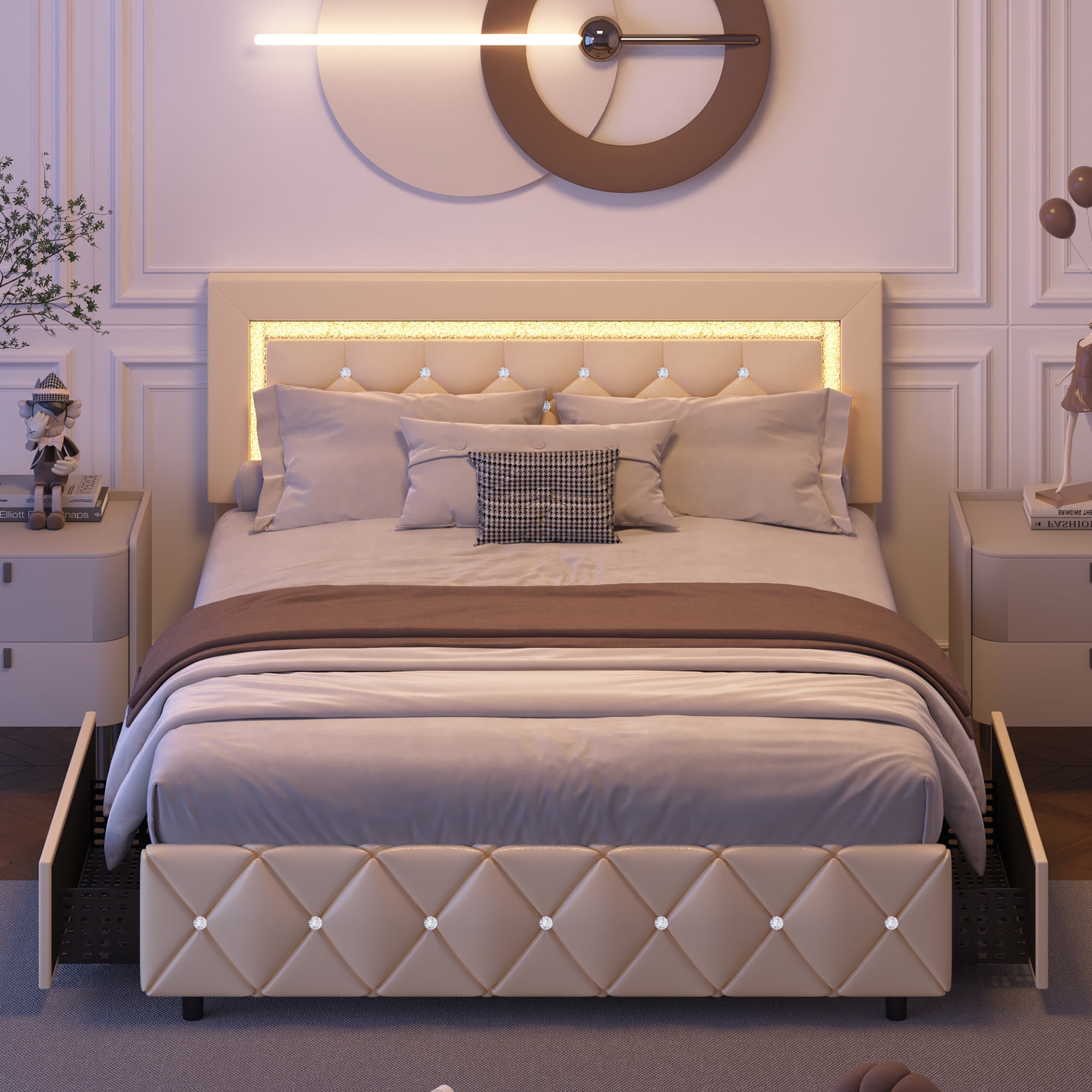 4 EVER WINNER Full Size LED Bed Frame with Storage, Upholstered ...