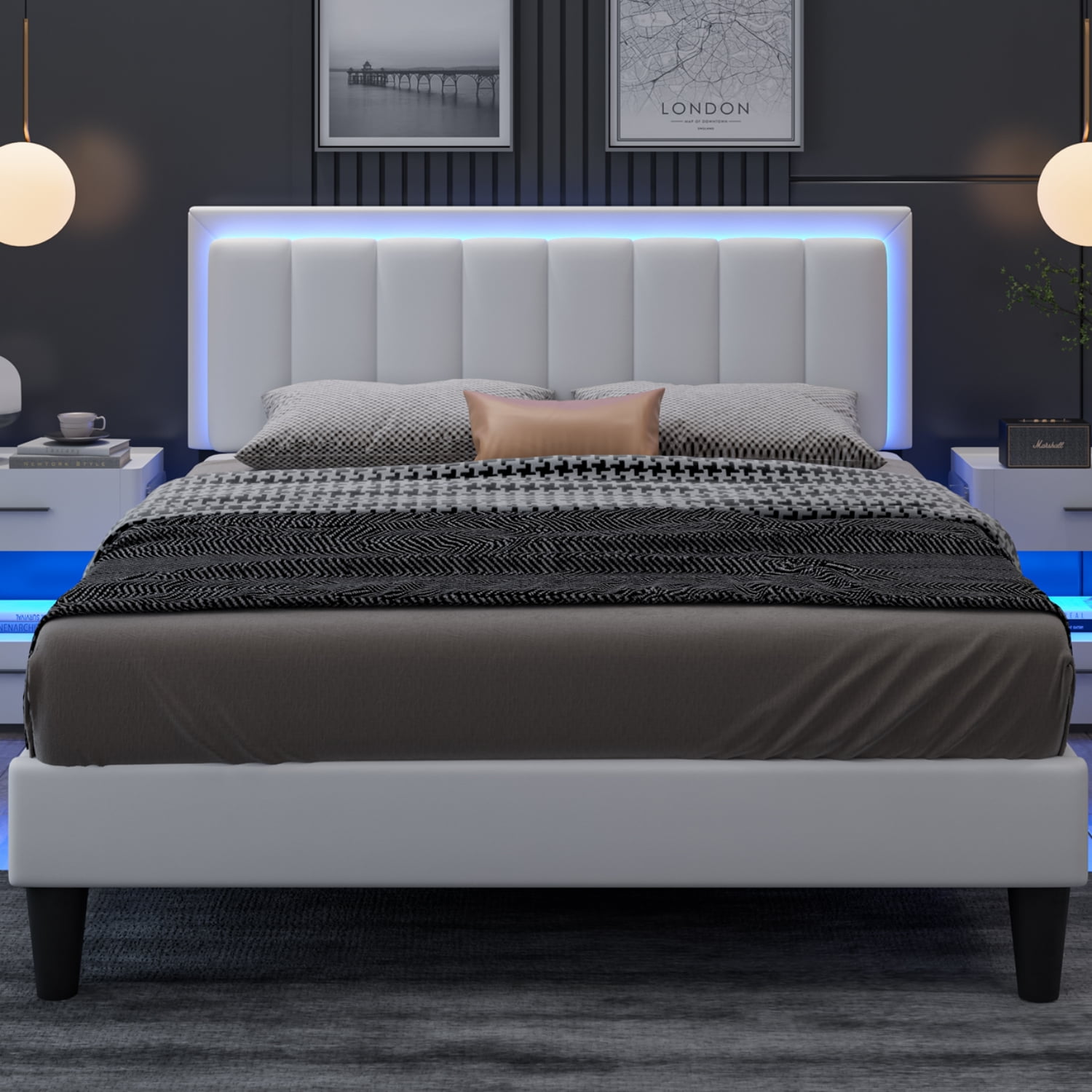 4 EVER WINNER Full Size Led Bed Frame, Upholstered Platform Bed Frame ...