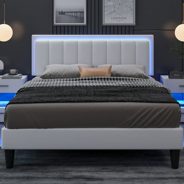 4 EVER WINNER Full Size Led Bed Frame, Upholstered Platform Bed Frame ...