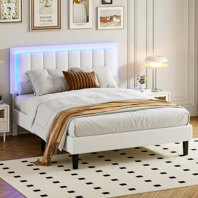 4 EVER WINNER LED Full Size Bed Frame, White Upholstered Platform with ...