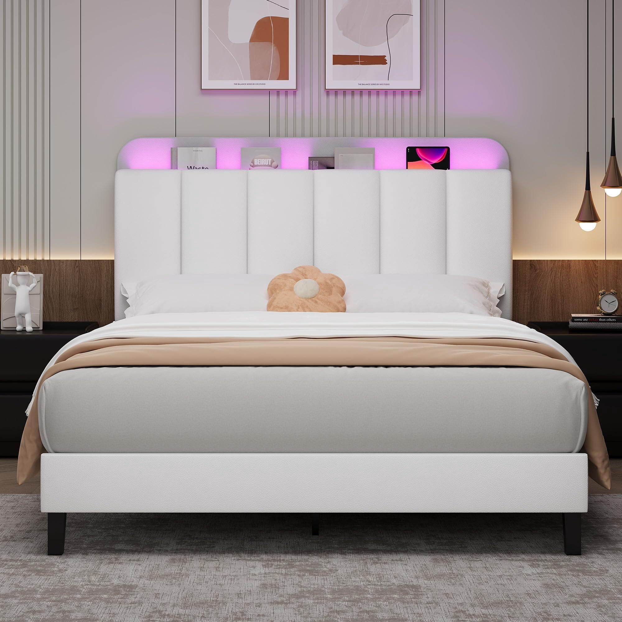 4 EVER WINNER Full White Bed Frame, PU Upholstered Soft Cushion ...