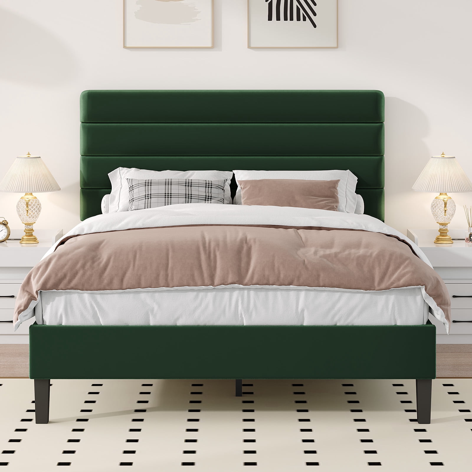 4 Ever Winner Green Full Velvet Platform Bed, Horizontal Stitched ...