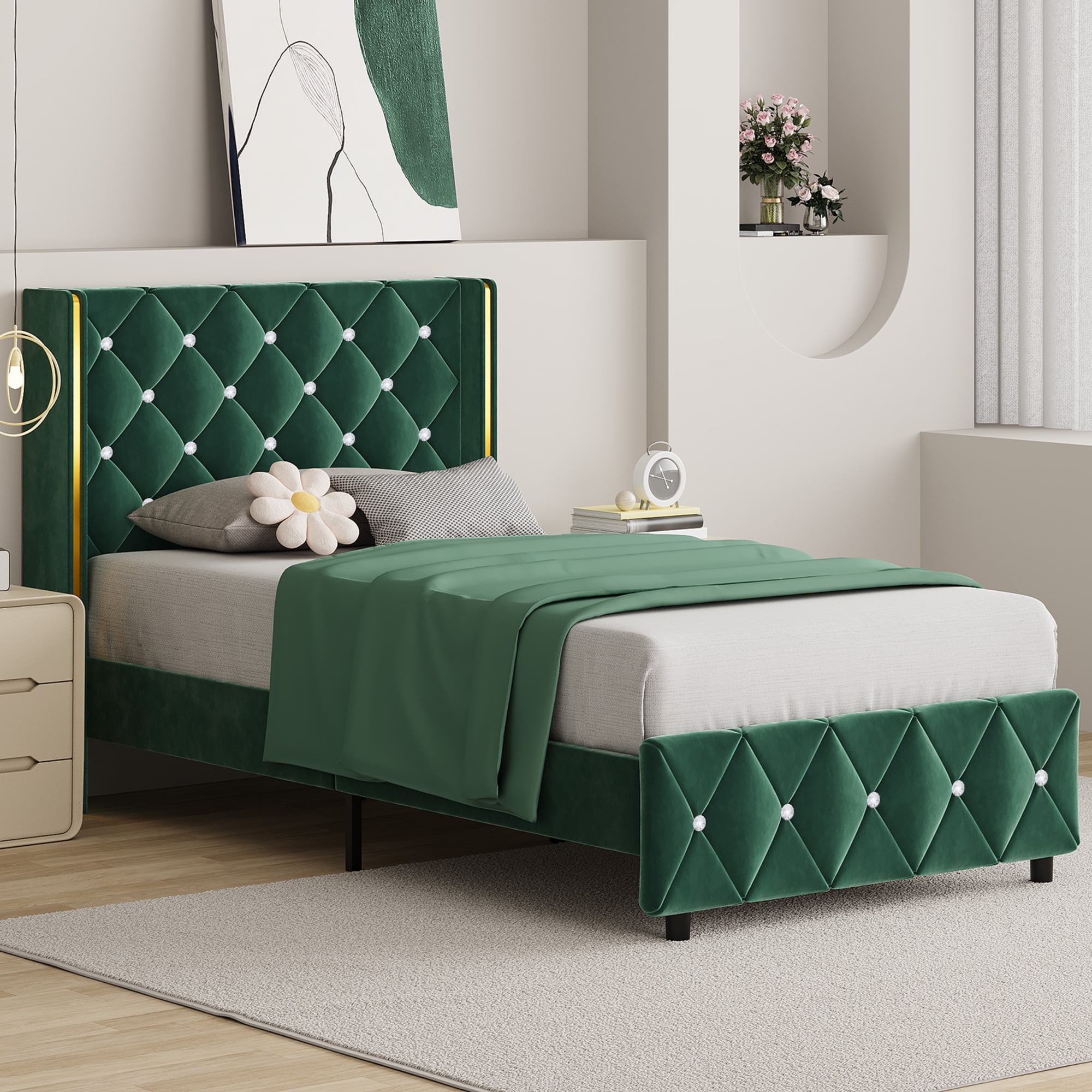 4 EVER WINNER Green Twin Velvet Bed Frame, Gold-Trim Button Tufted ...