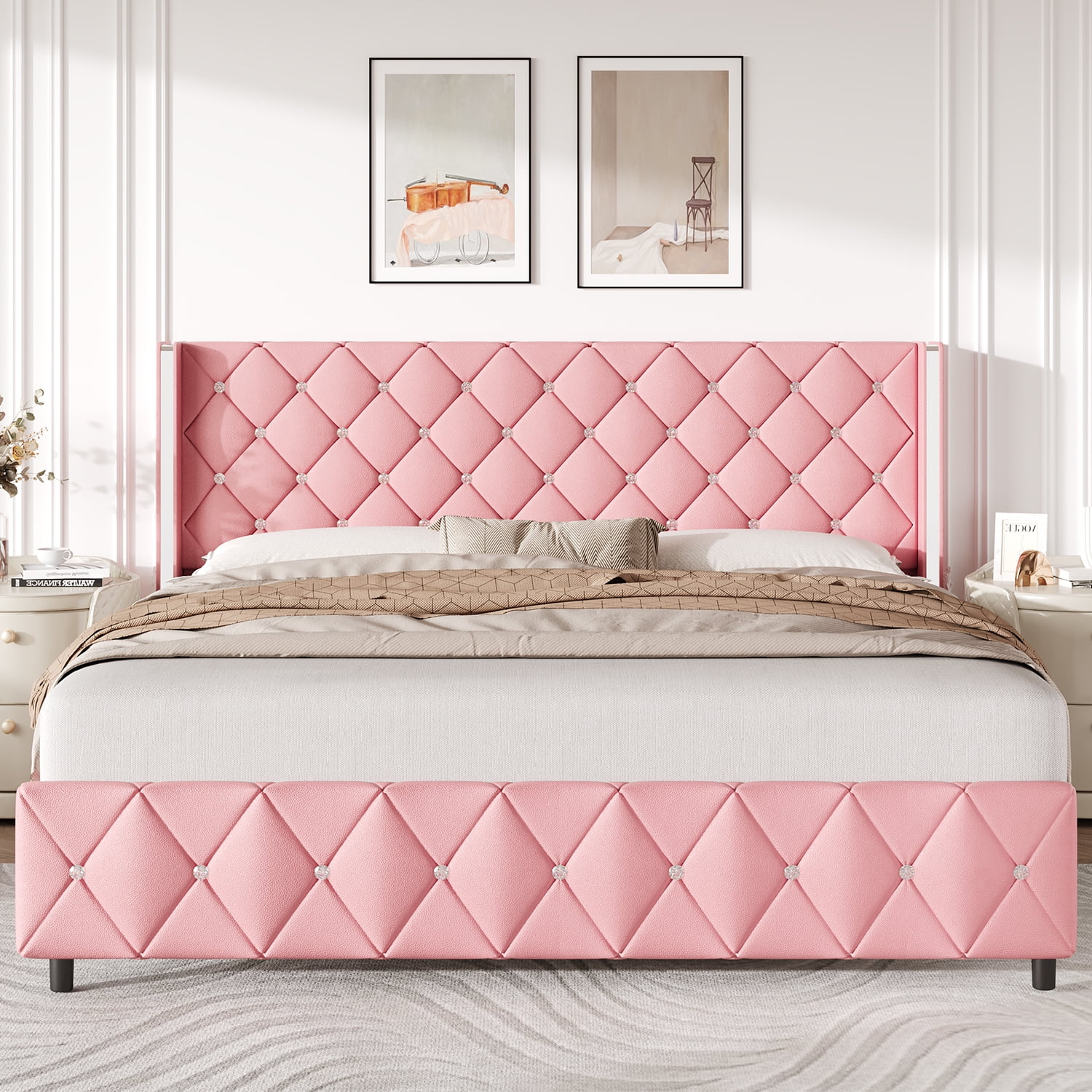 4 EVER WINNER King Bed Frame, PU Leather Upholstered Platform Bed Frame ...