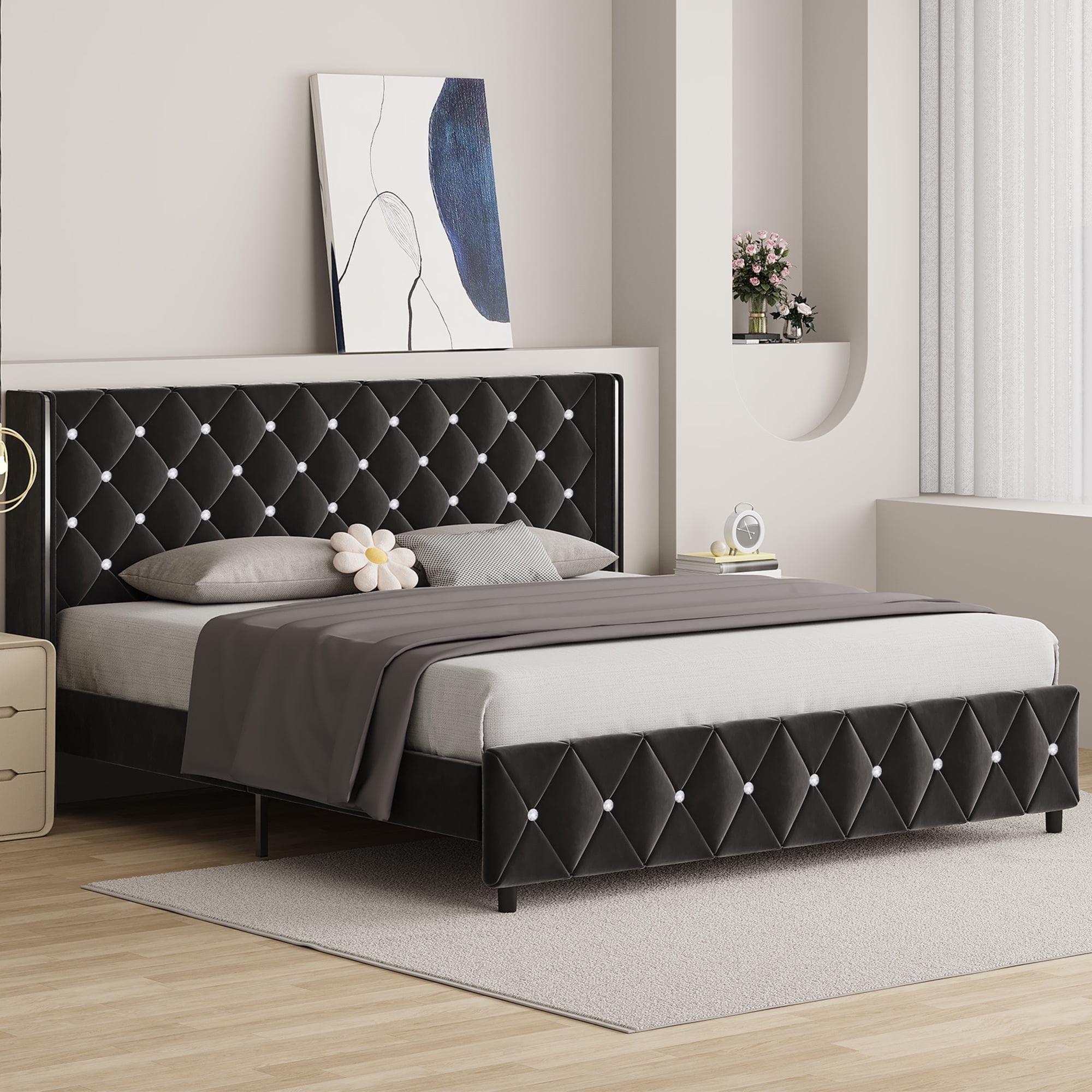 4 EVER WINNER King Bed Frame with Silver-Trimmed Button Tufted ...