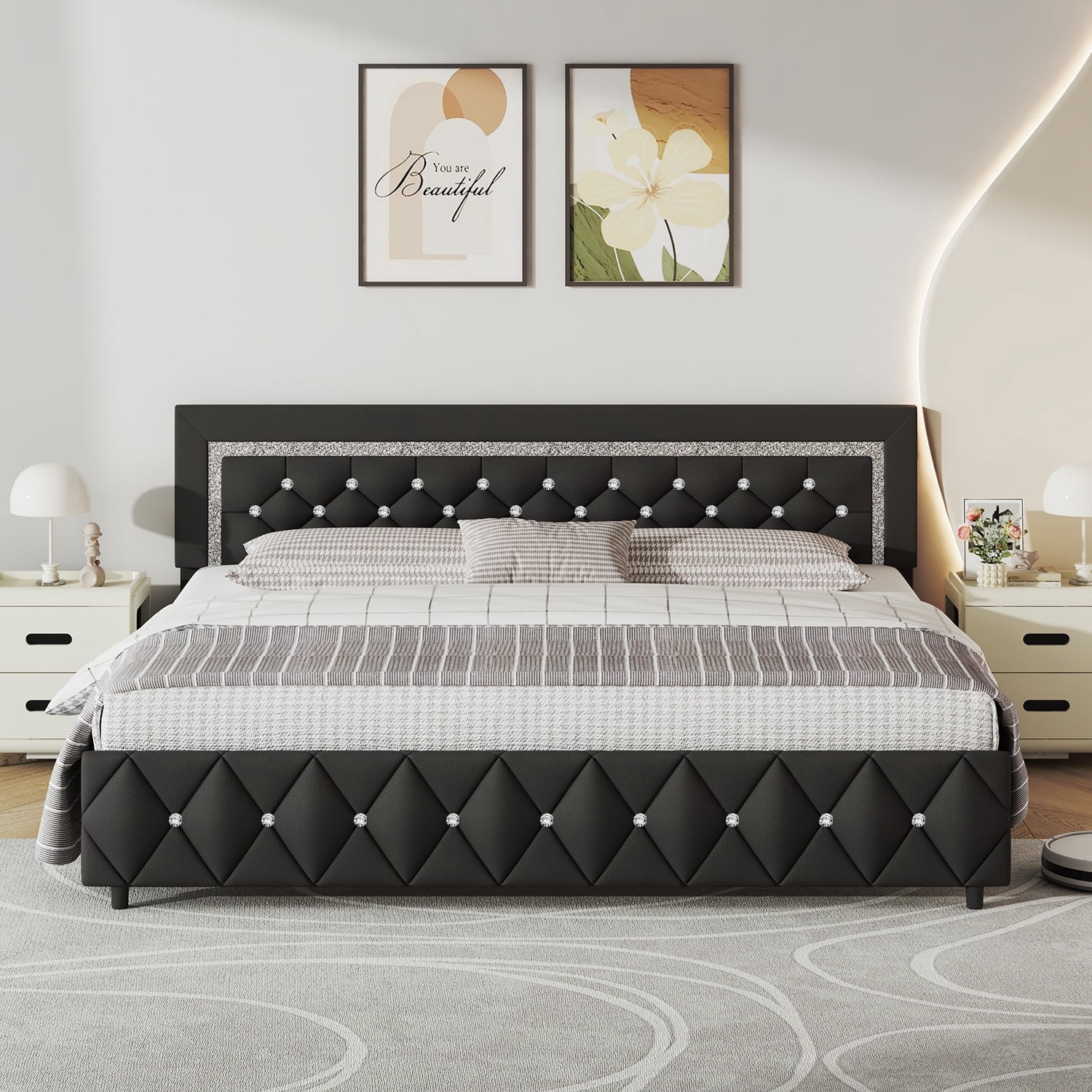 4 EVER WINNER King Bed Frame, Upholstered Diamond Headboard & Footboard ...