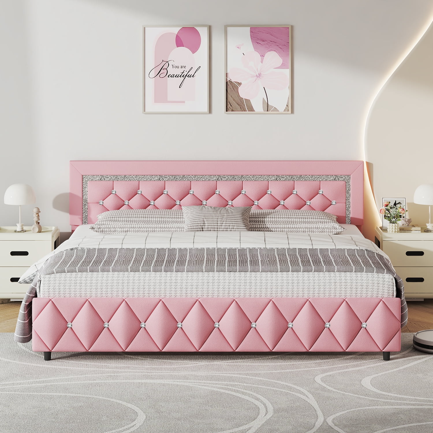 4 EVER WINNER King Bed Frame, Upholstered Platform Bed Frame with ...