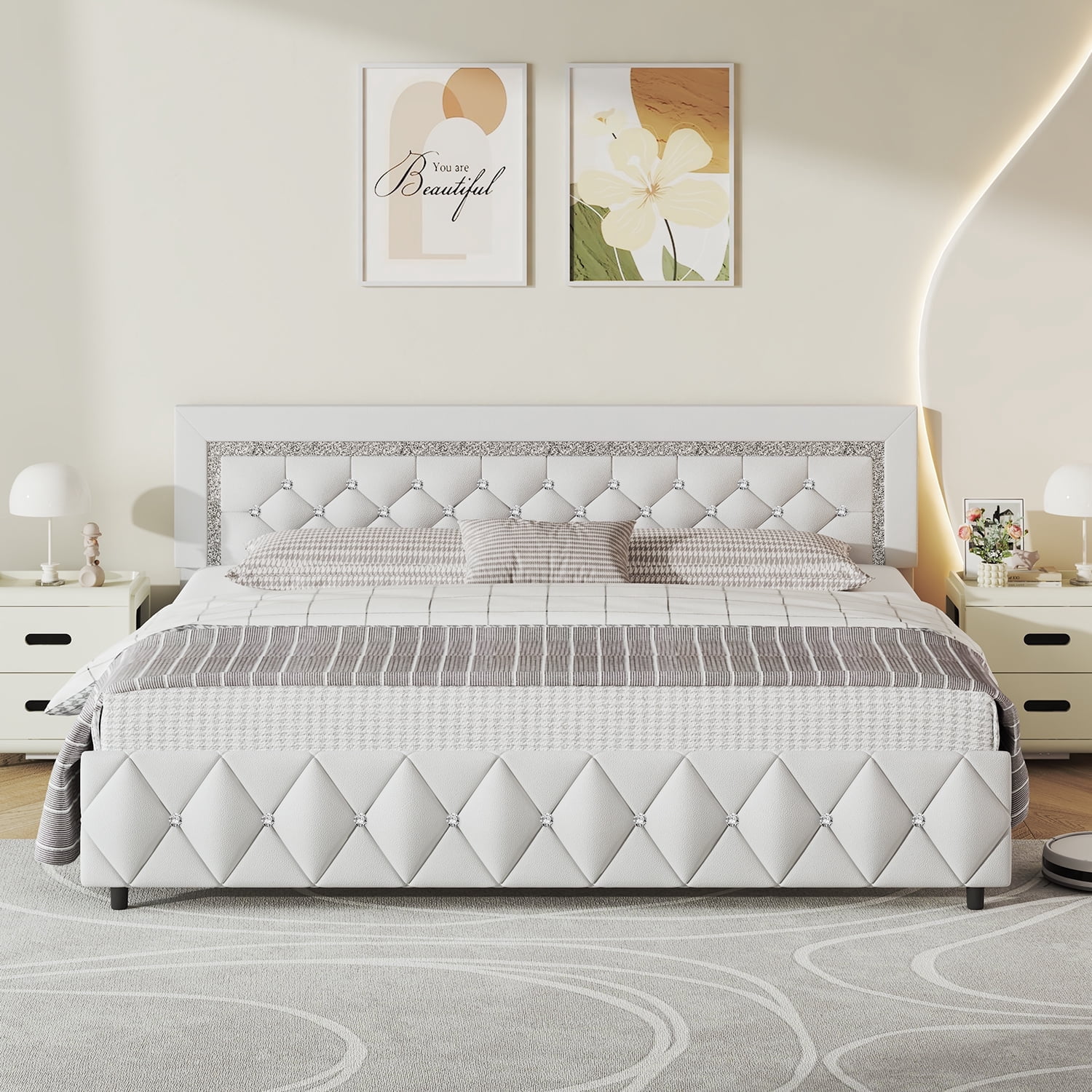 4 EVER WINNER King Bed Frame, Upholstered Platform Bed Frame with ...