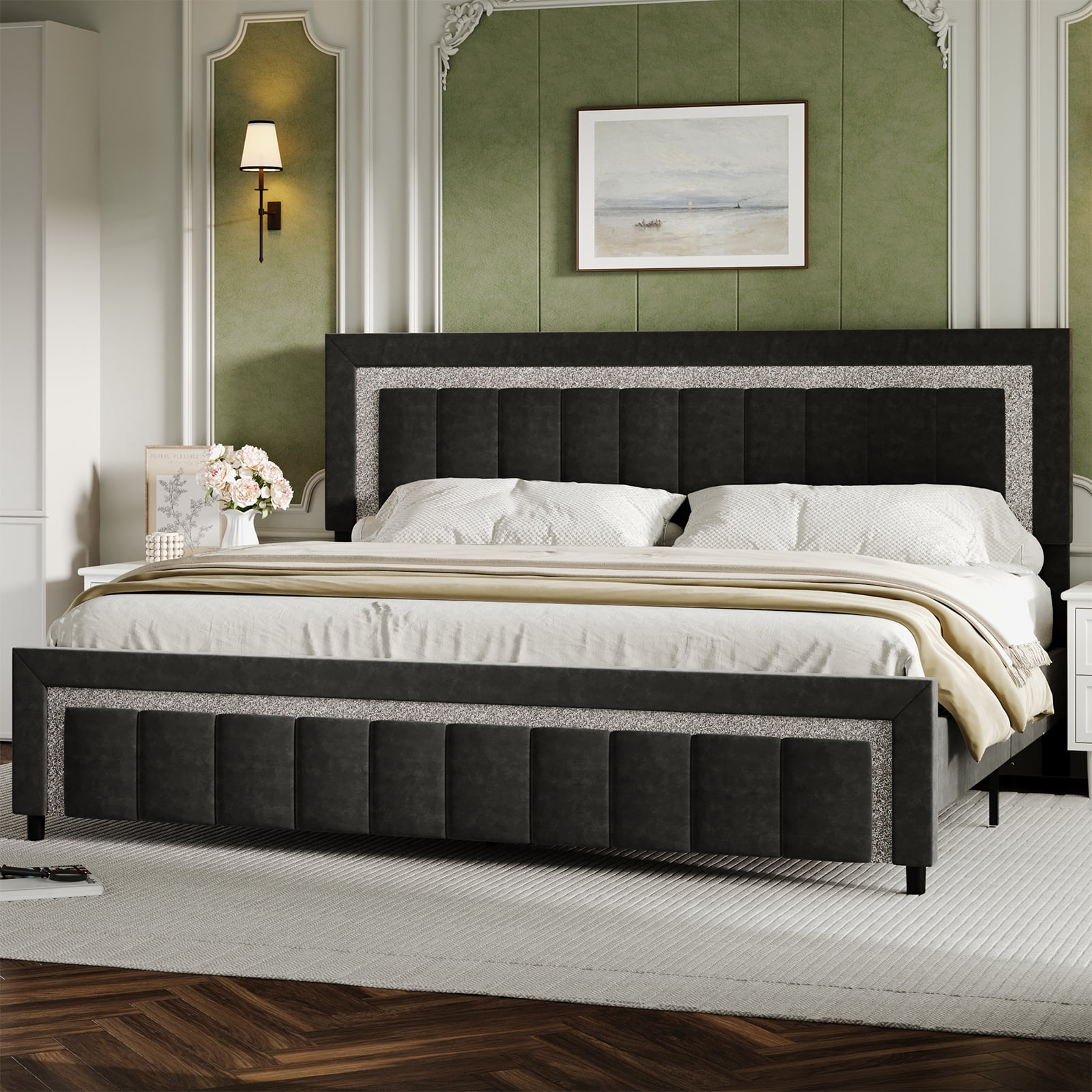 4 EVER WINNER King Bed Frame, Velvet Upholstered Bed Frame with Diamond ...