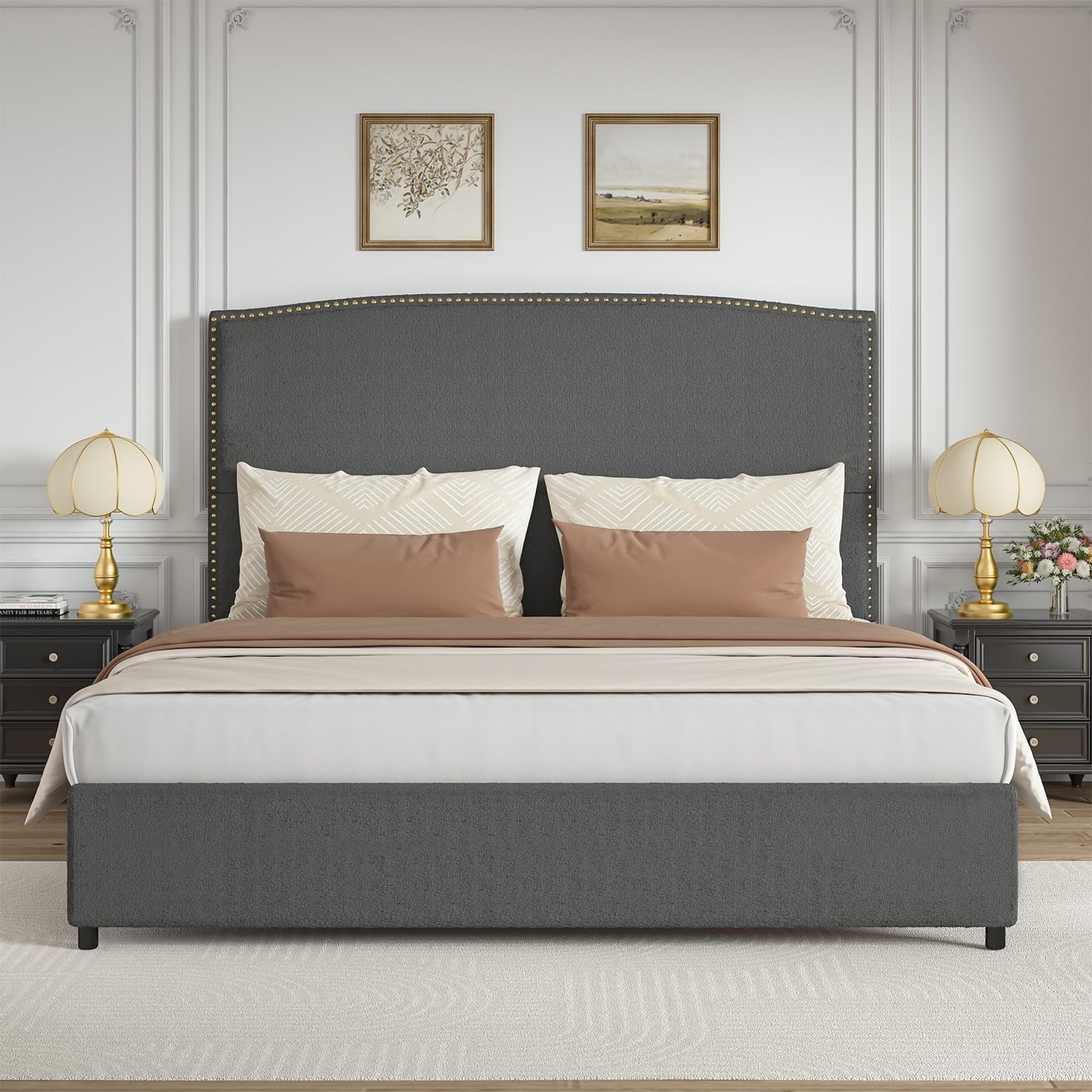 4 EVER WINNER King Bed Frame with 56" Tall Headboard, King Size Bed ...