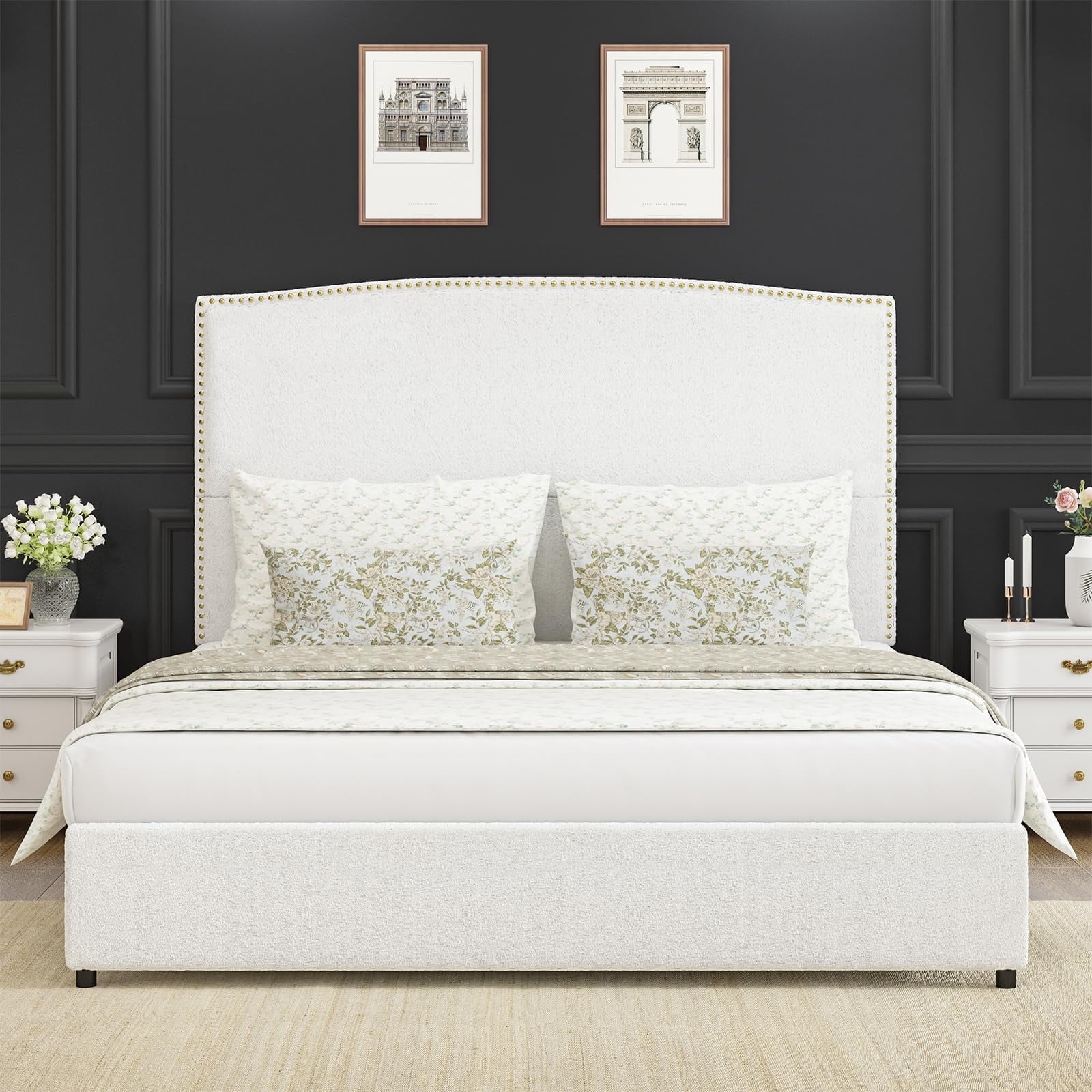 4 EVER WINNER King Bed Frame with 56" Tall Headboard, White King Bed ...