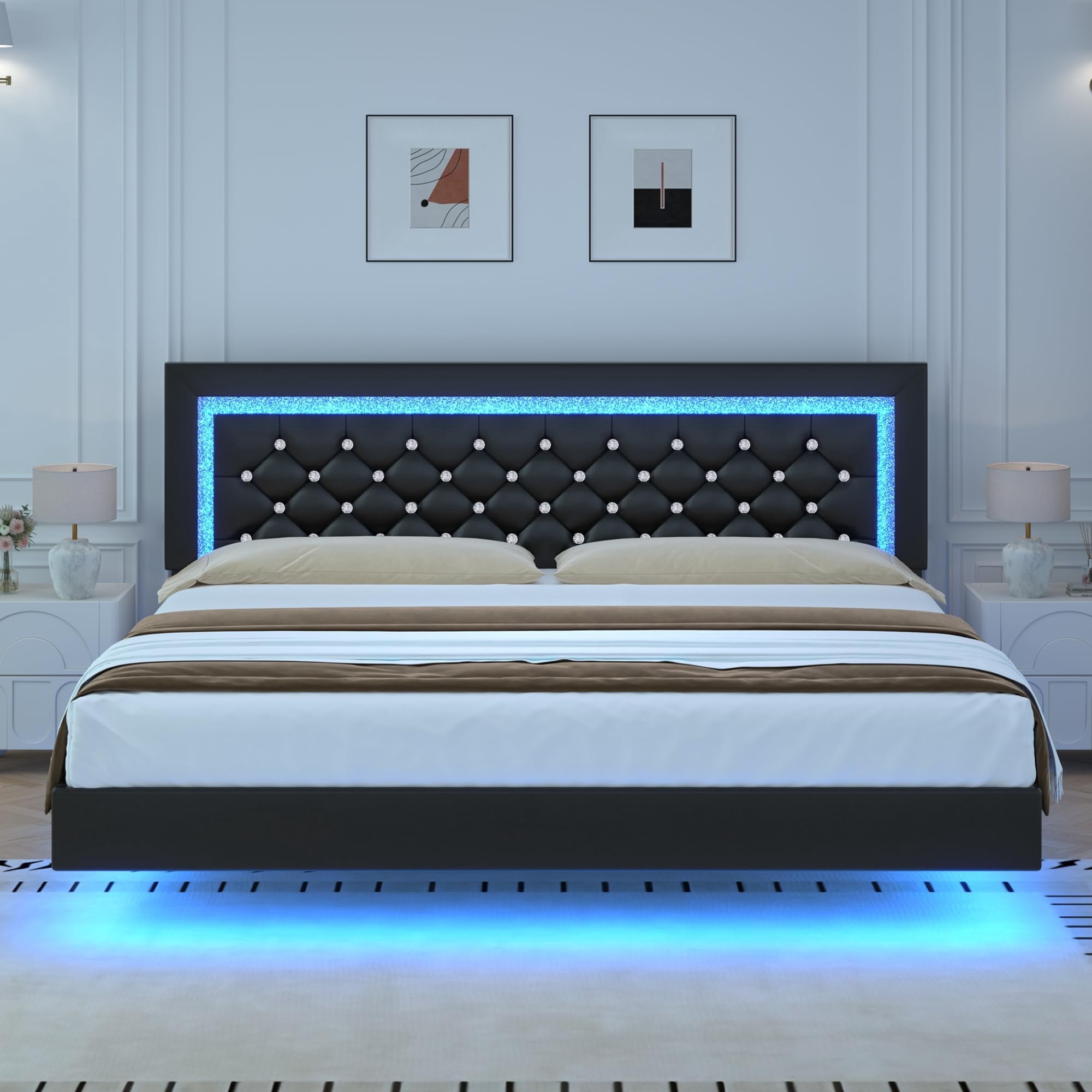 4 EVER WINNER King Floating Bed Frame with LED Lights, LED Upholstered ...