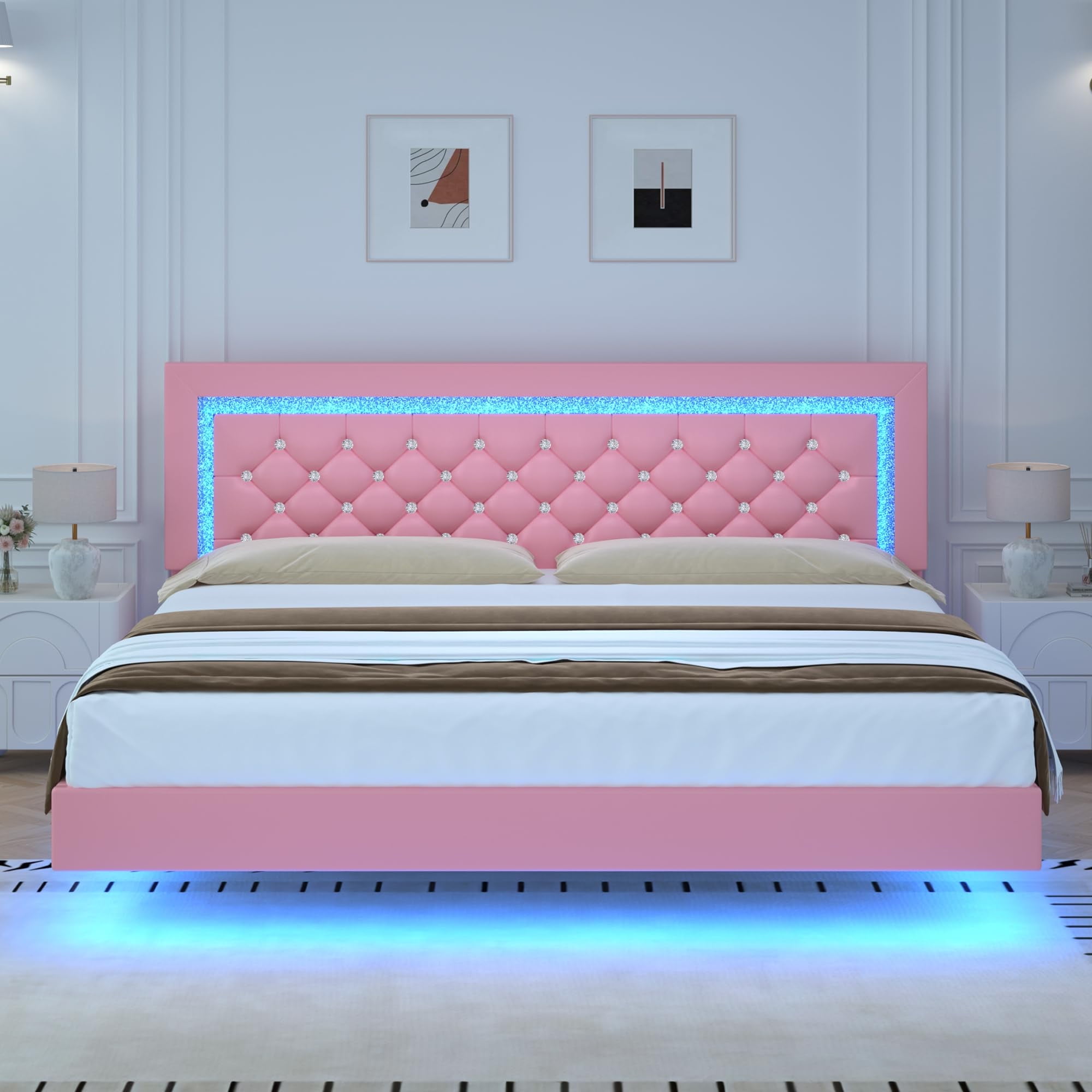 4 Ever Winner King Floating Bed Frame with LED Lights, Pink, Diamond ...