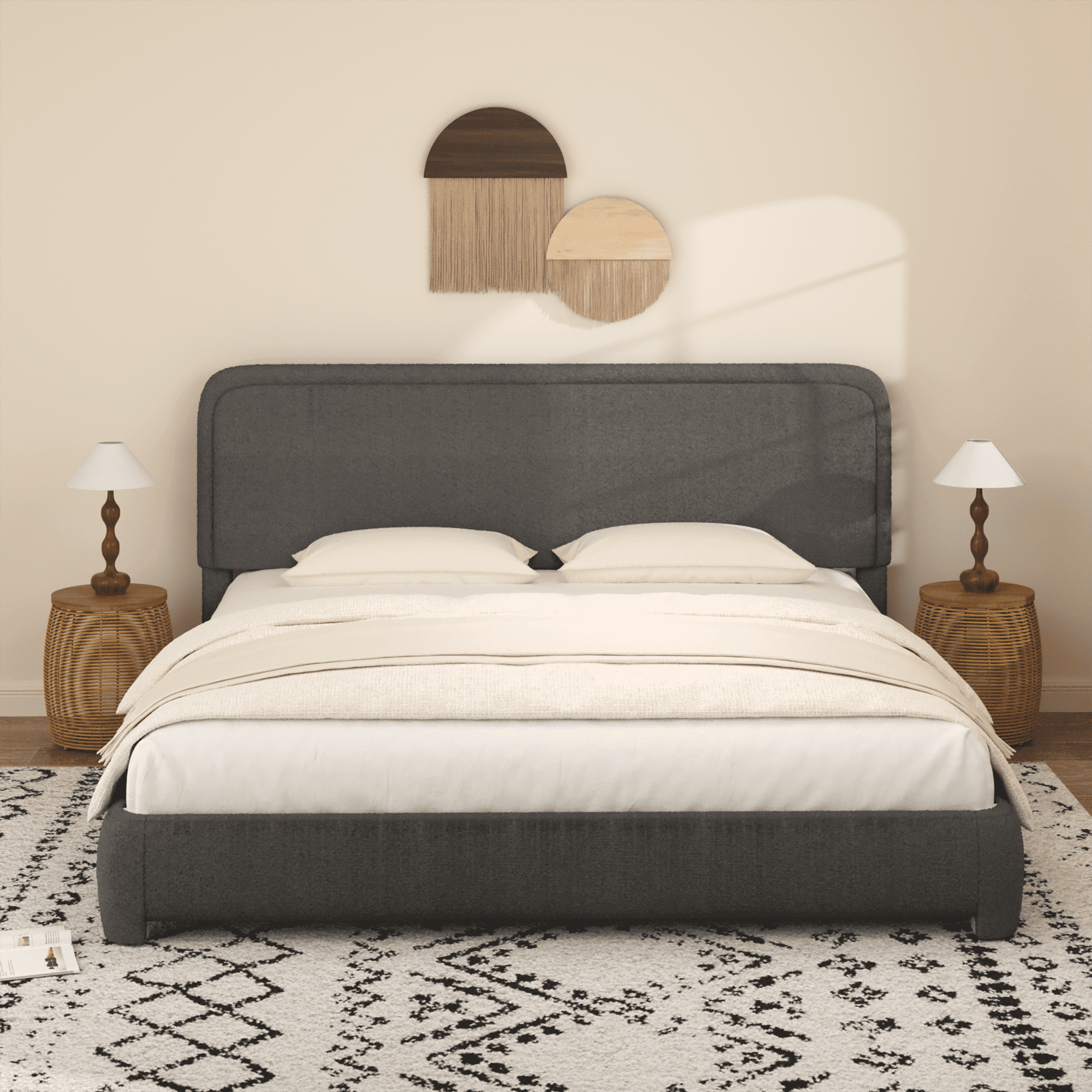 4 EVER WINNER King Size Bed Frame, Boucle Upholstered Bed Frame with ...