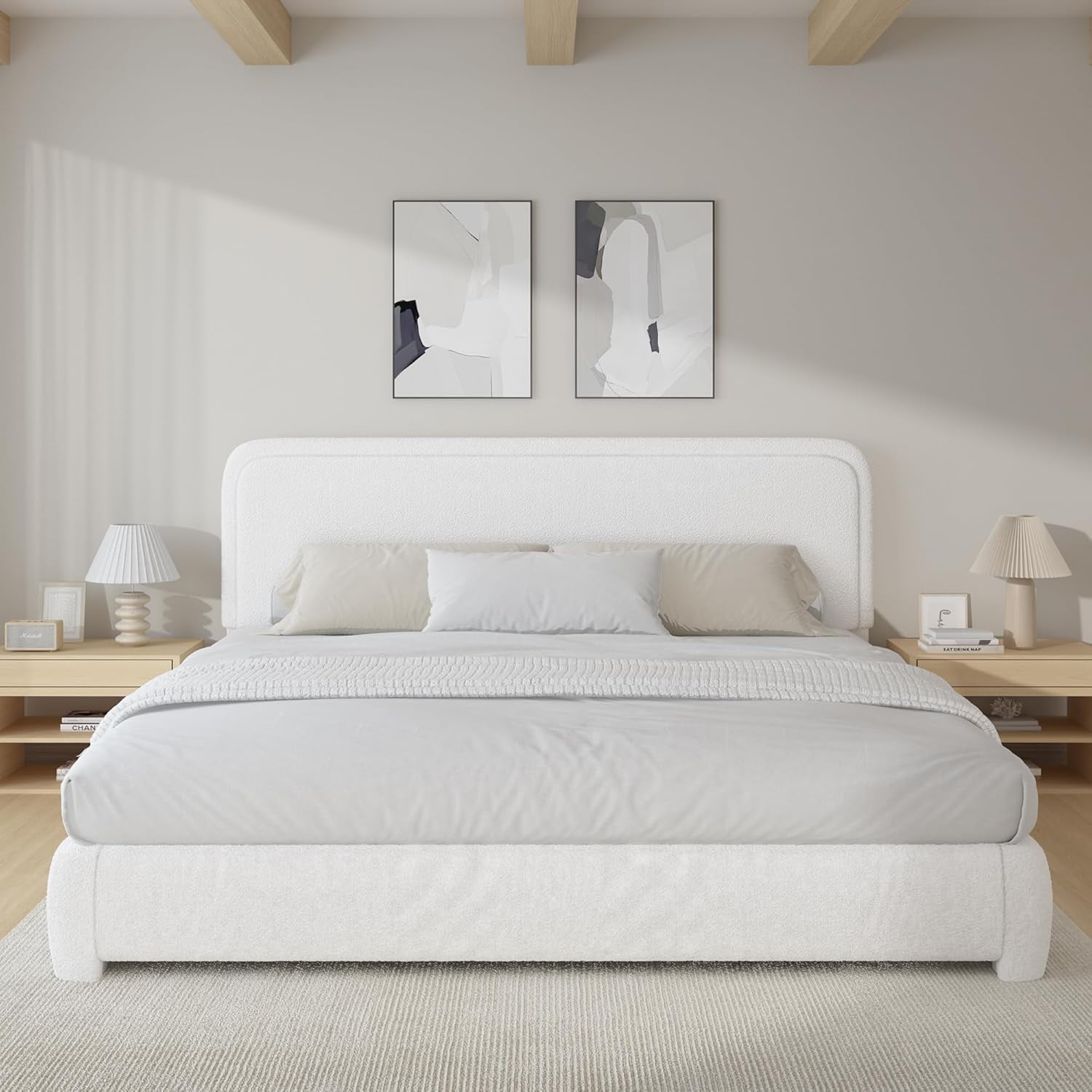4 EVER WINNER King Size Bed Frame, Boucle Upholstered Bed Frame with ...