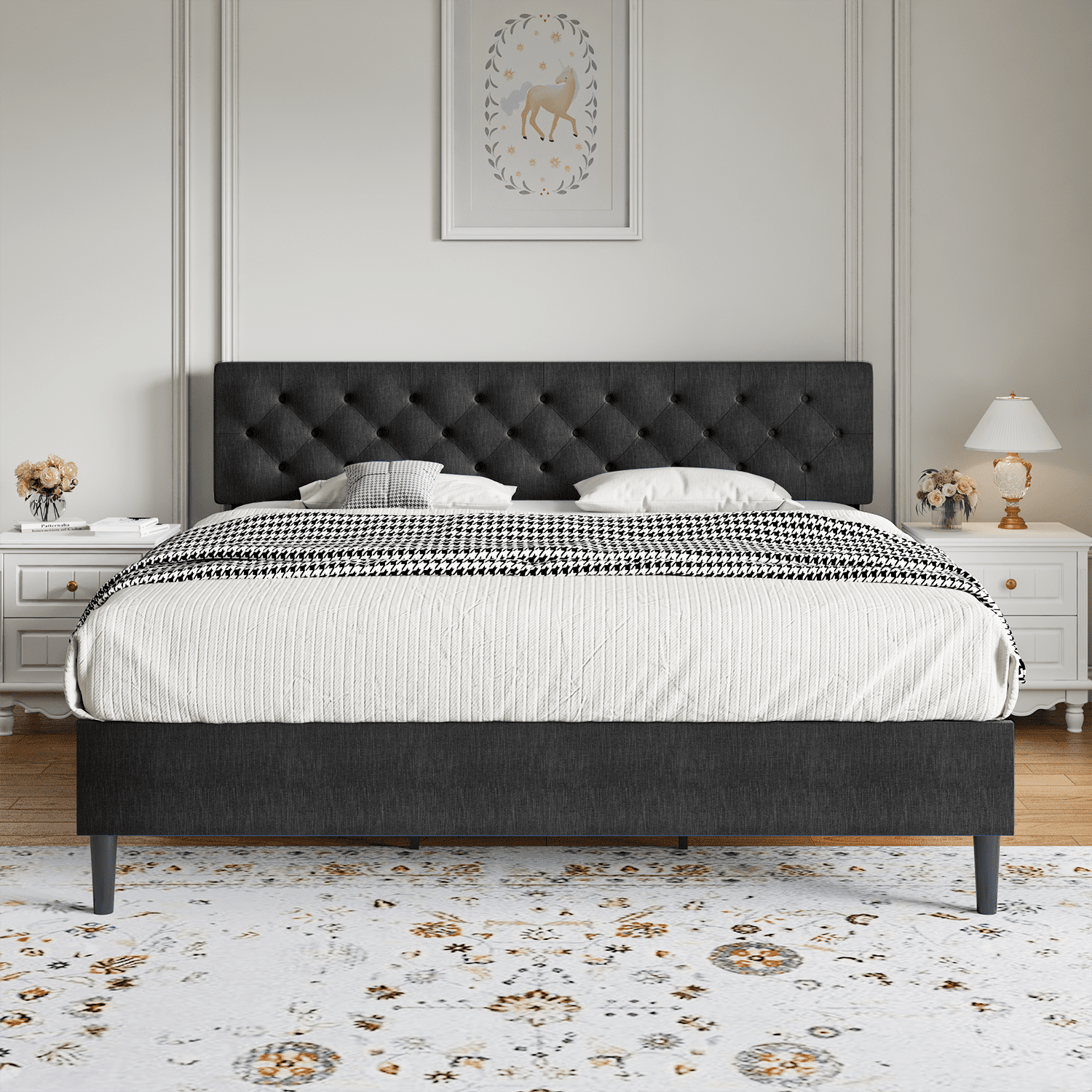 4 EVER WINNER King Size Bed Frame, Upholstered Platform Bed with ...