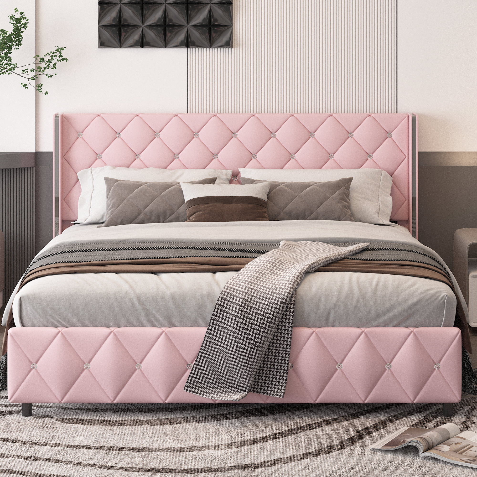 4 EVER WINNER King Size Bed Frame, Upholstered Platform Bed with ...