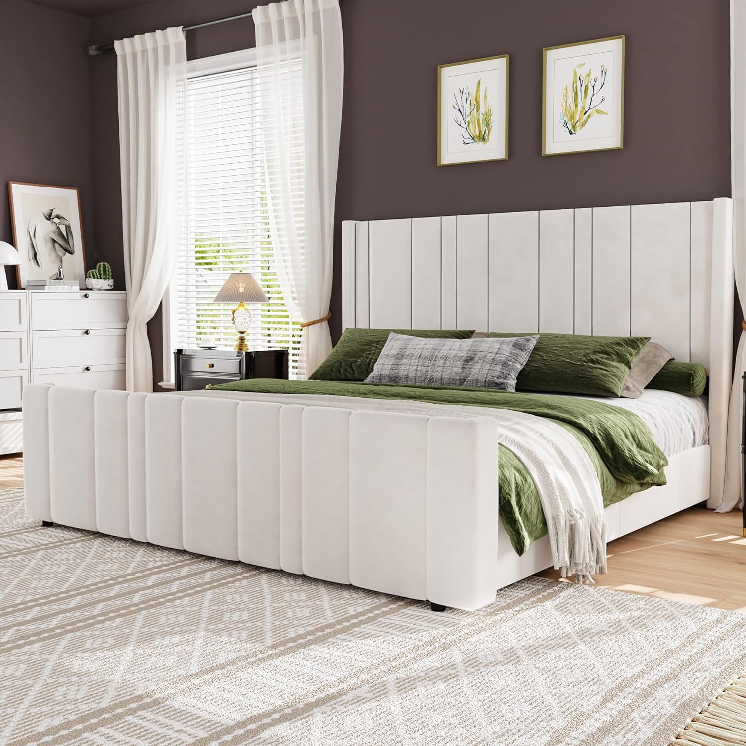 4 EVER WINNER King Size Bed Frame, White King Bed Frame, Modern Velvet ...