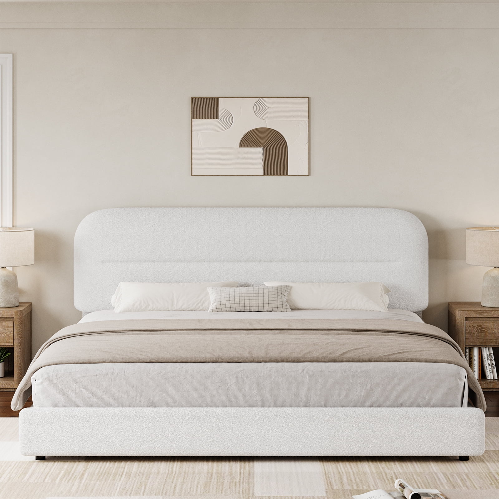 4 EVER WINNER King Bed Frame with Headboard, Boucle Upholstered Platform Bed Frame wiith Rounded ...