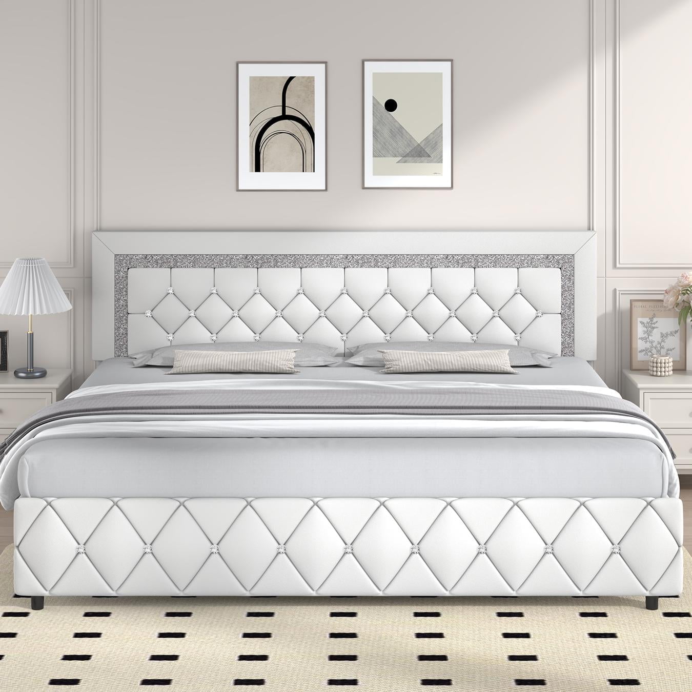 4 EVER WINNER Queen Size Bed Frame with Upholstered Headboard, White ...