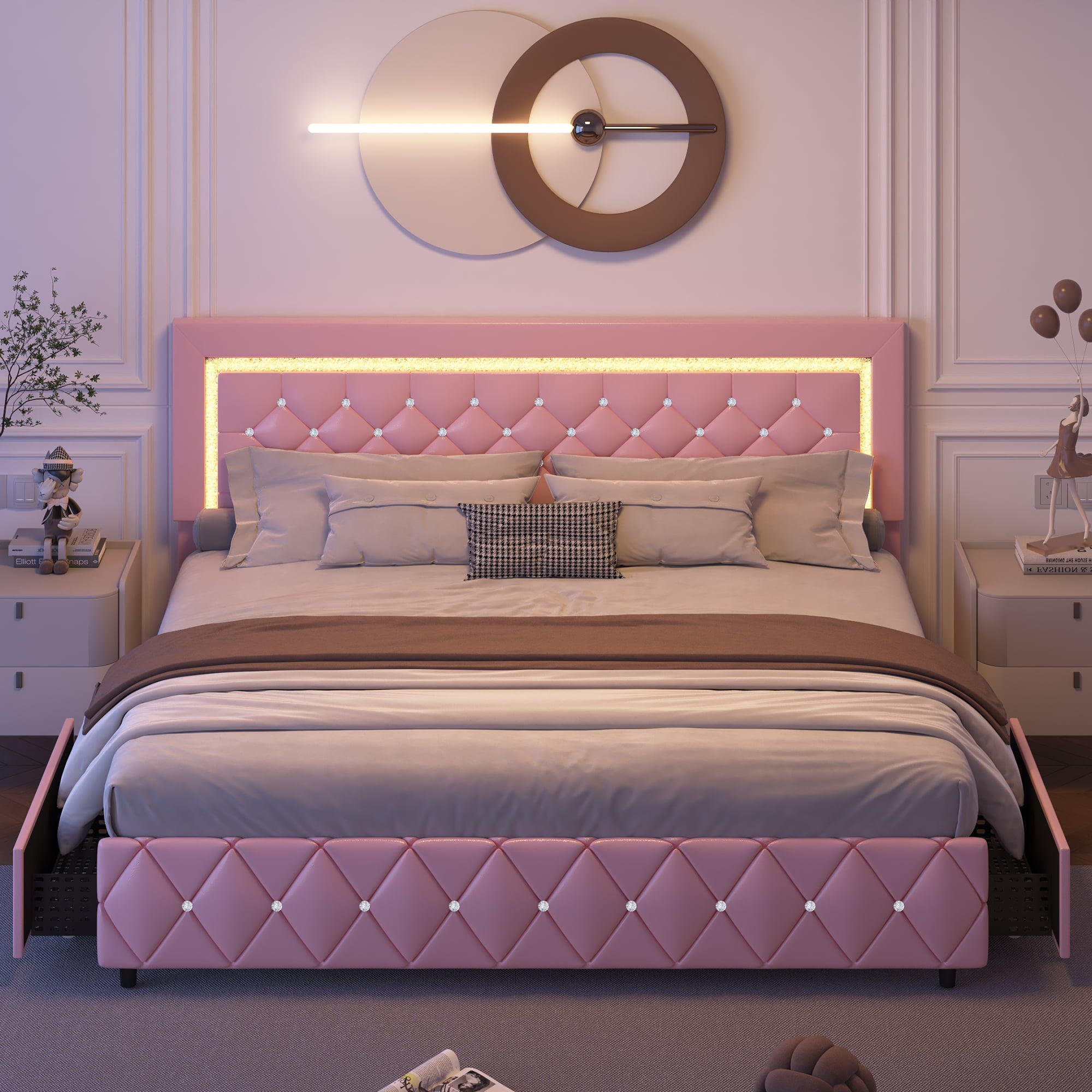 4 EVER WINNER King Size LED Bed Frame, Upholstered Platform Bed with 4 ...