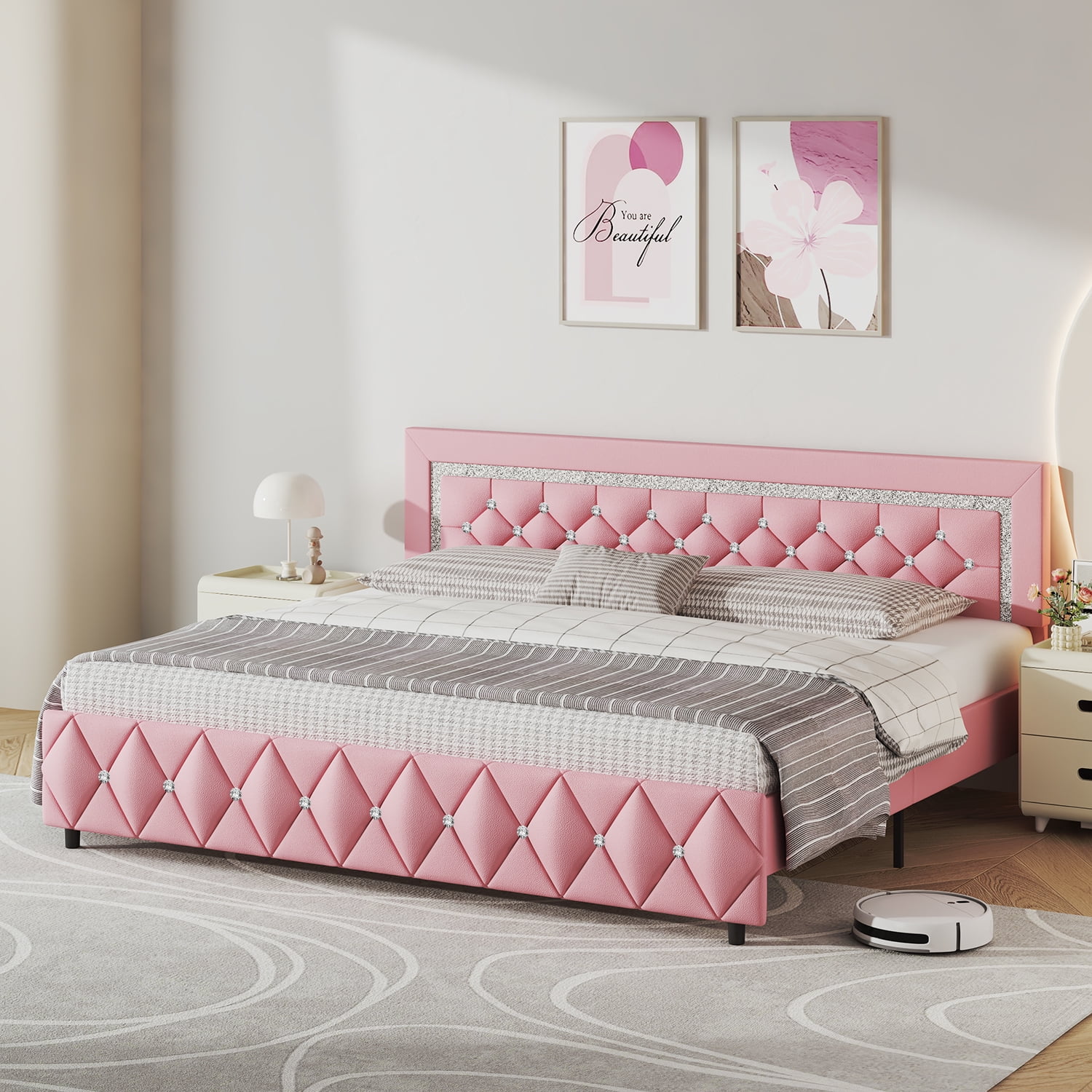 4 EVER WINNER King Size Upholstered Bed with Diamond Headboard and ...