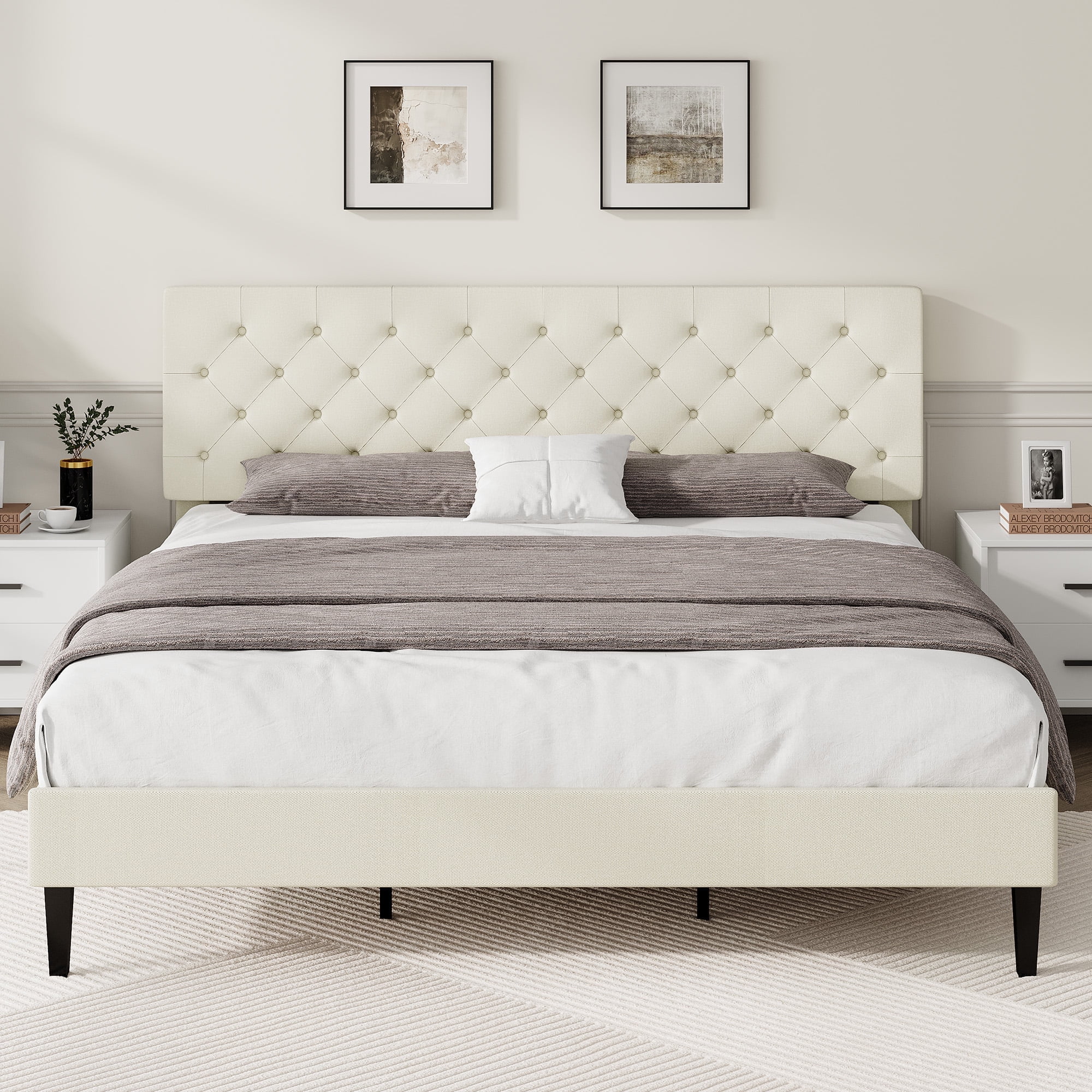 4 EVER WINNER King Size Upholstered Platform Bed Frame with Headboard ...