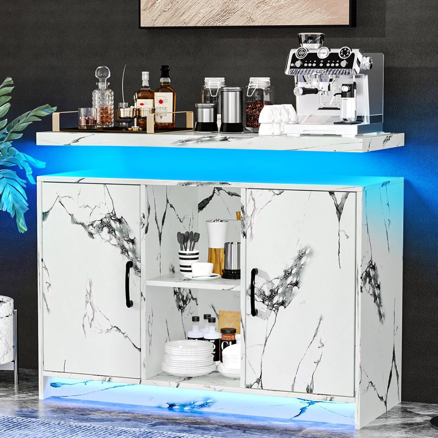 4 EVER WINNER LED Lights Coffee Bar Cabinet with Storage, Sideboard ...