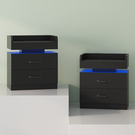 4 EVER WINNER LED Nightstands Set of 2, Modern Black Night Stand End ...