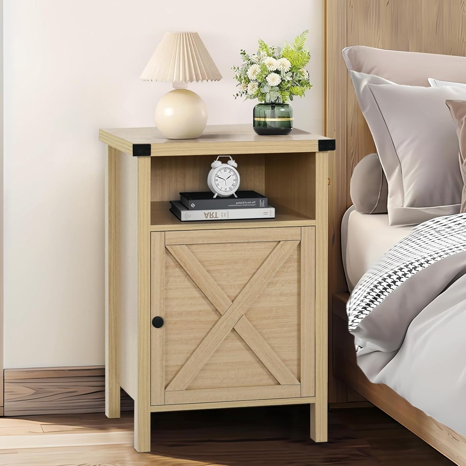 4 EVER WINNER Light Oak Barn Door Side Table Set of 2, Minimalist End ...