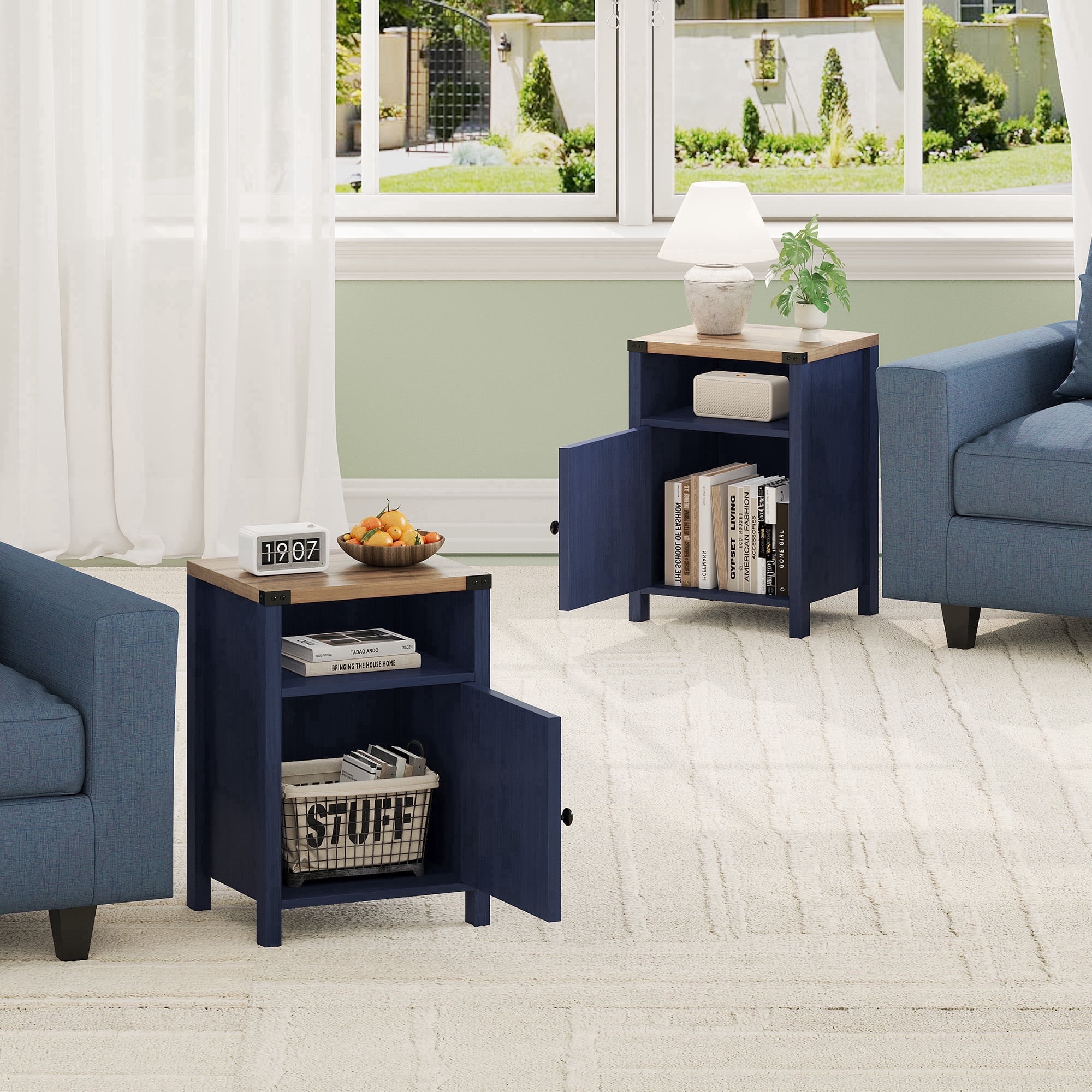4 EVER WINNER New Blue 2-Pack Barn Door Side Tables, Vibrant Storage ...