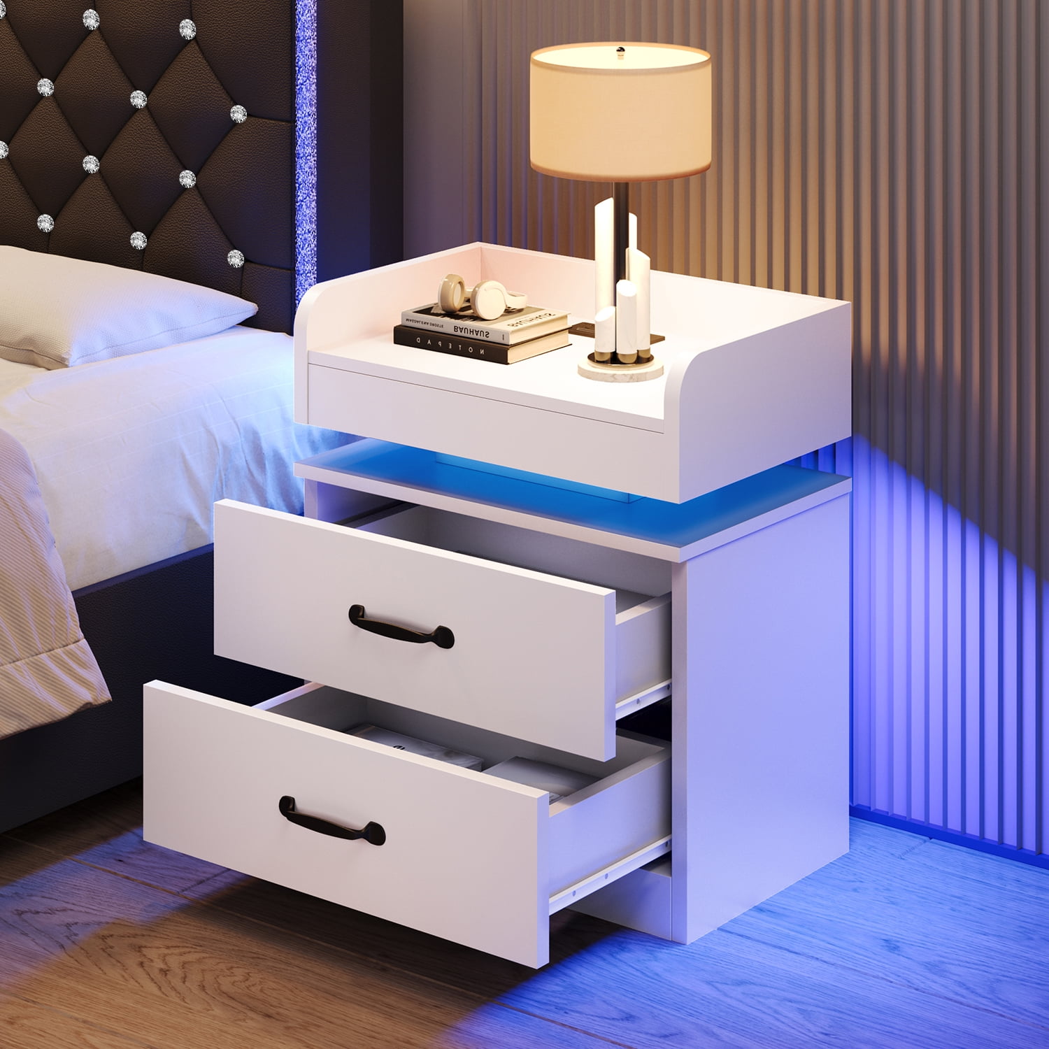 4 EVER WINNER Nightstand with Charging Station, LED Night Stand with 2 ...