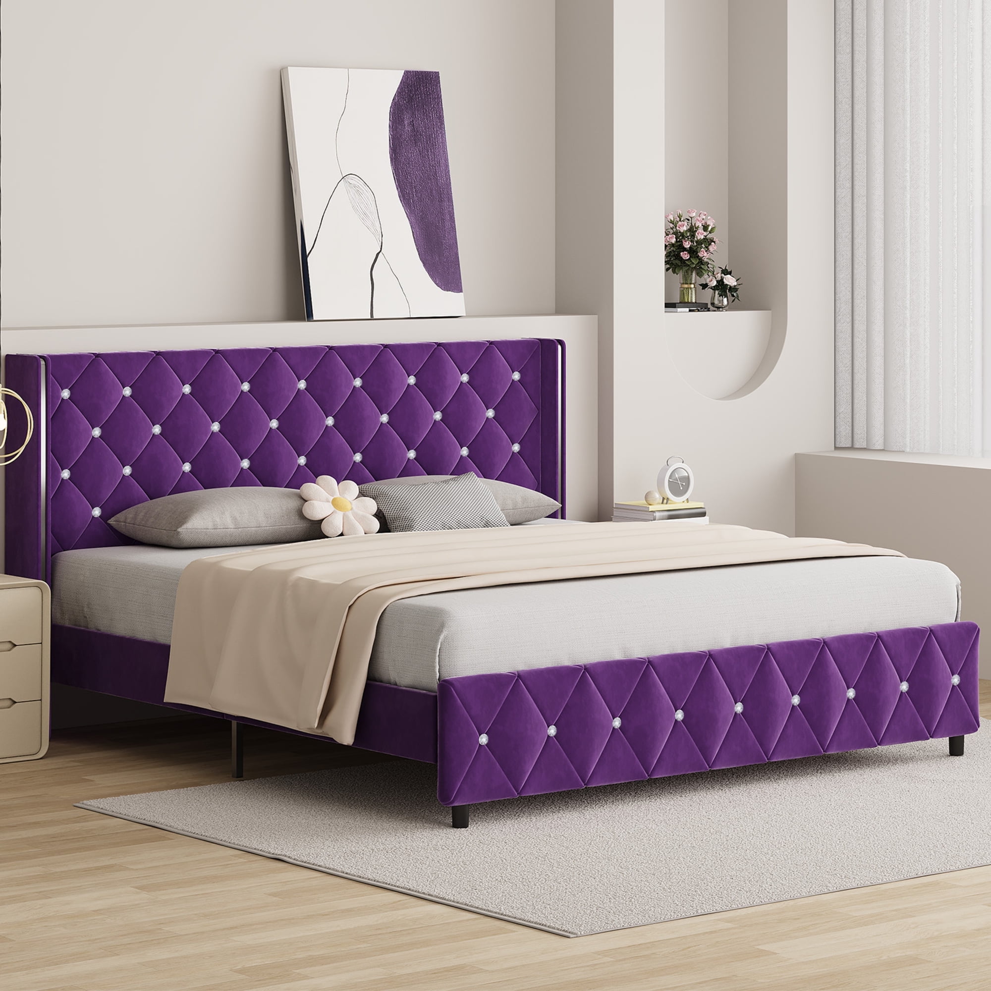 4 EVER WINNER Purple King Bed Frame, Silver-Trim Button Tufted Velvet ...