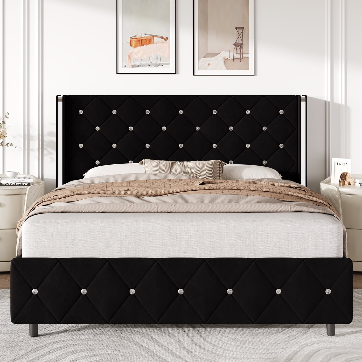 4 EVER WINNER Queen Bed Frame, Velvet Upholstered, Modern Black with ...