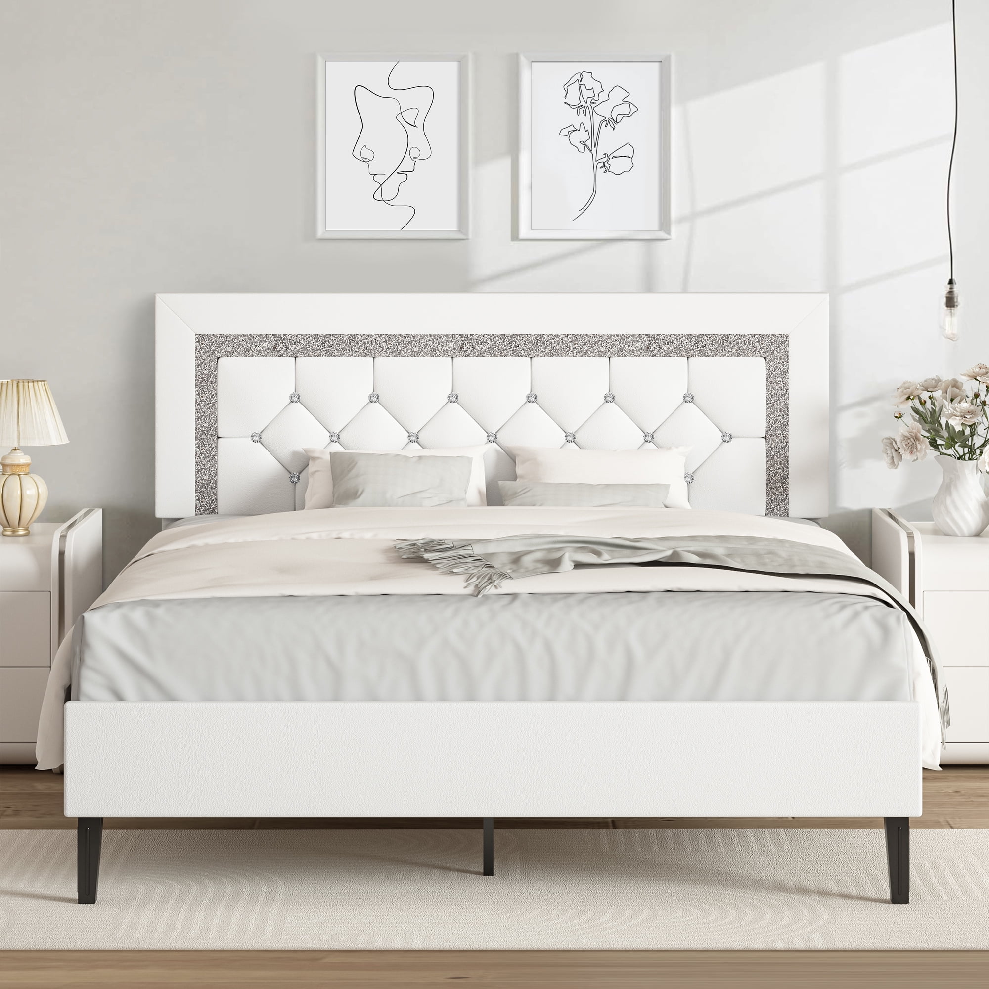 4 EVER WINNER Queen Bed Frame, Upholstered Platform Bed with Headboard ...