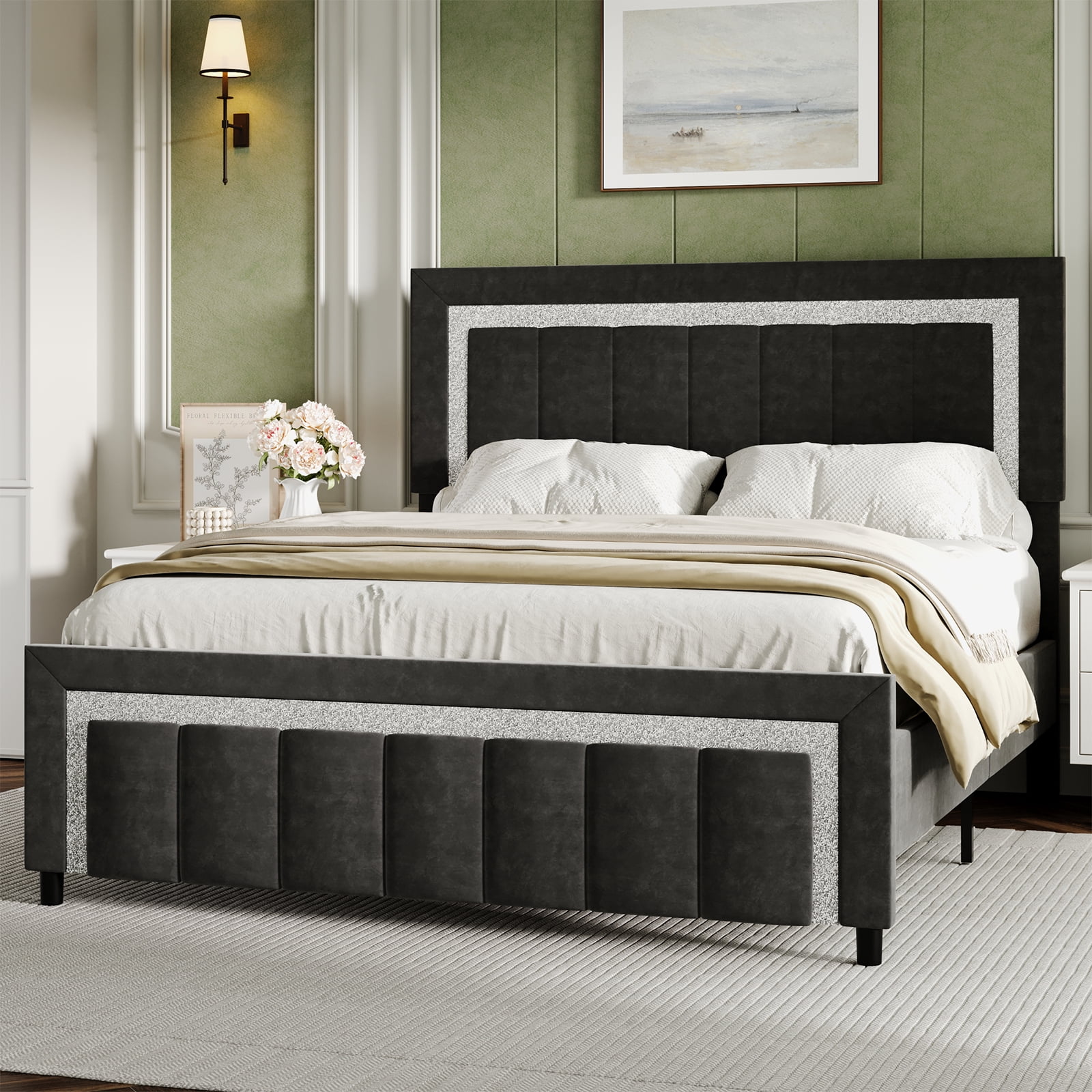 4 EVER WINNER Queen Bed Frame, Velvet Upholstered Bed Frame with ...