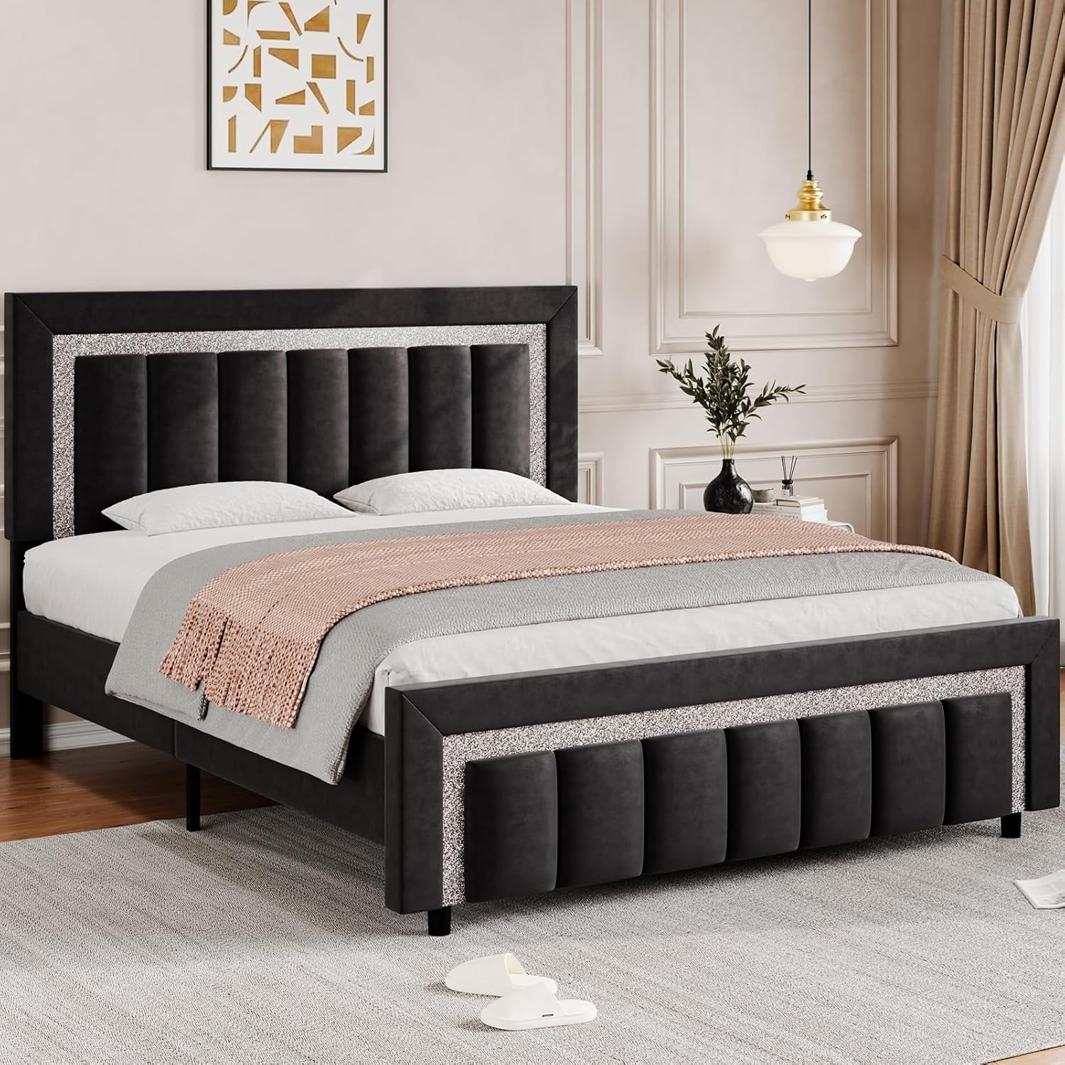 4 EVER WINNER Queen Bed Frame, Velvet Upholstered Bed Frame with ...