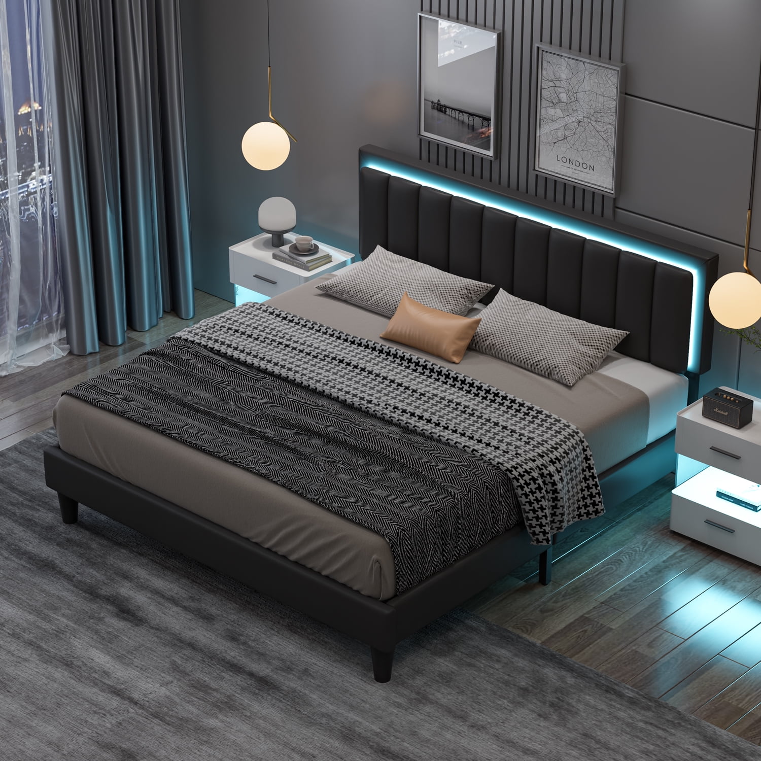 4 EVER WINNER Queen Bed Frame with LED Light, Upholstered Platform Bed ...