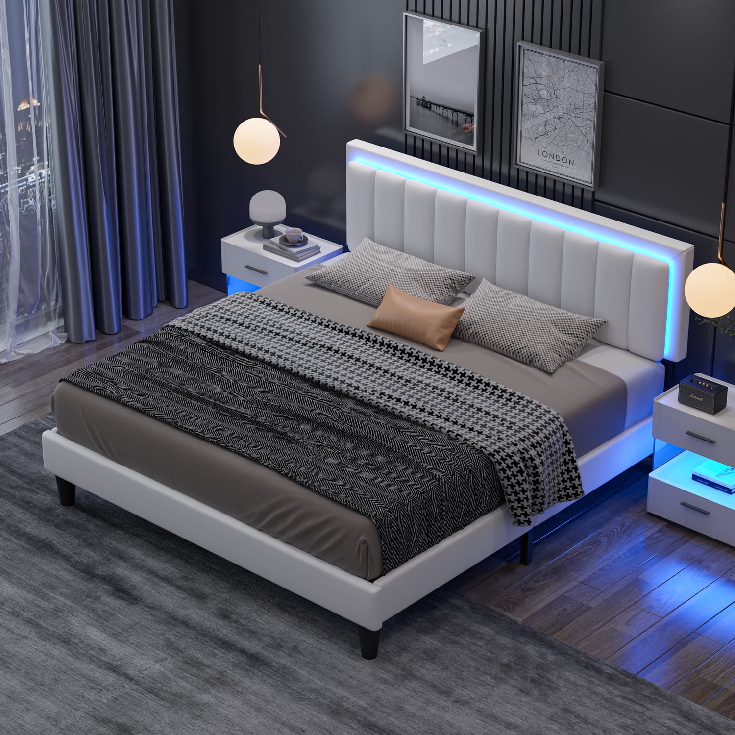 4 EVER WINNER Queen Bed Frame with LED Light, Upholstered Platform Bed ...