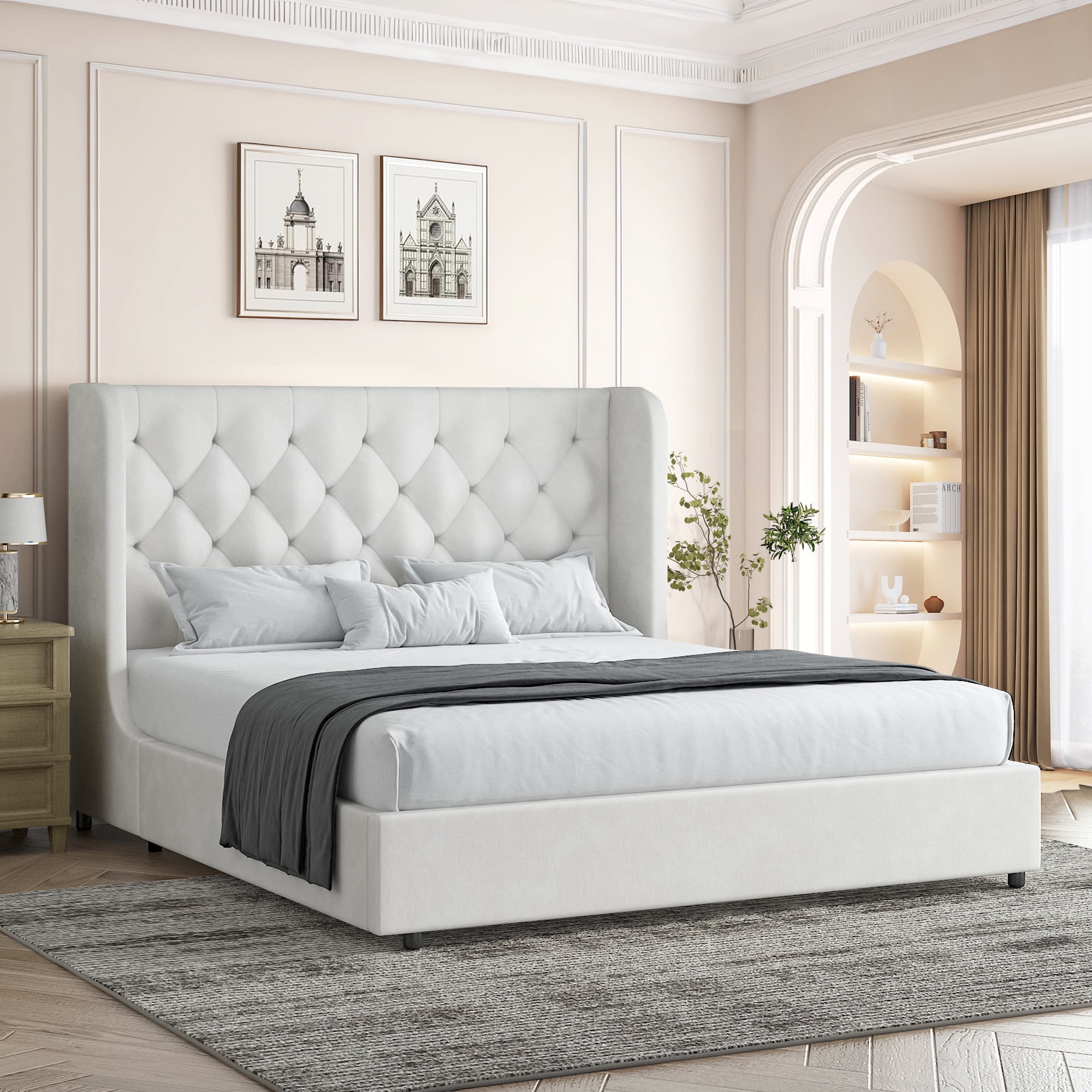 4 EVER WINNER Queen Size Bed Frame, White Queen Bed Frame, Modern ...