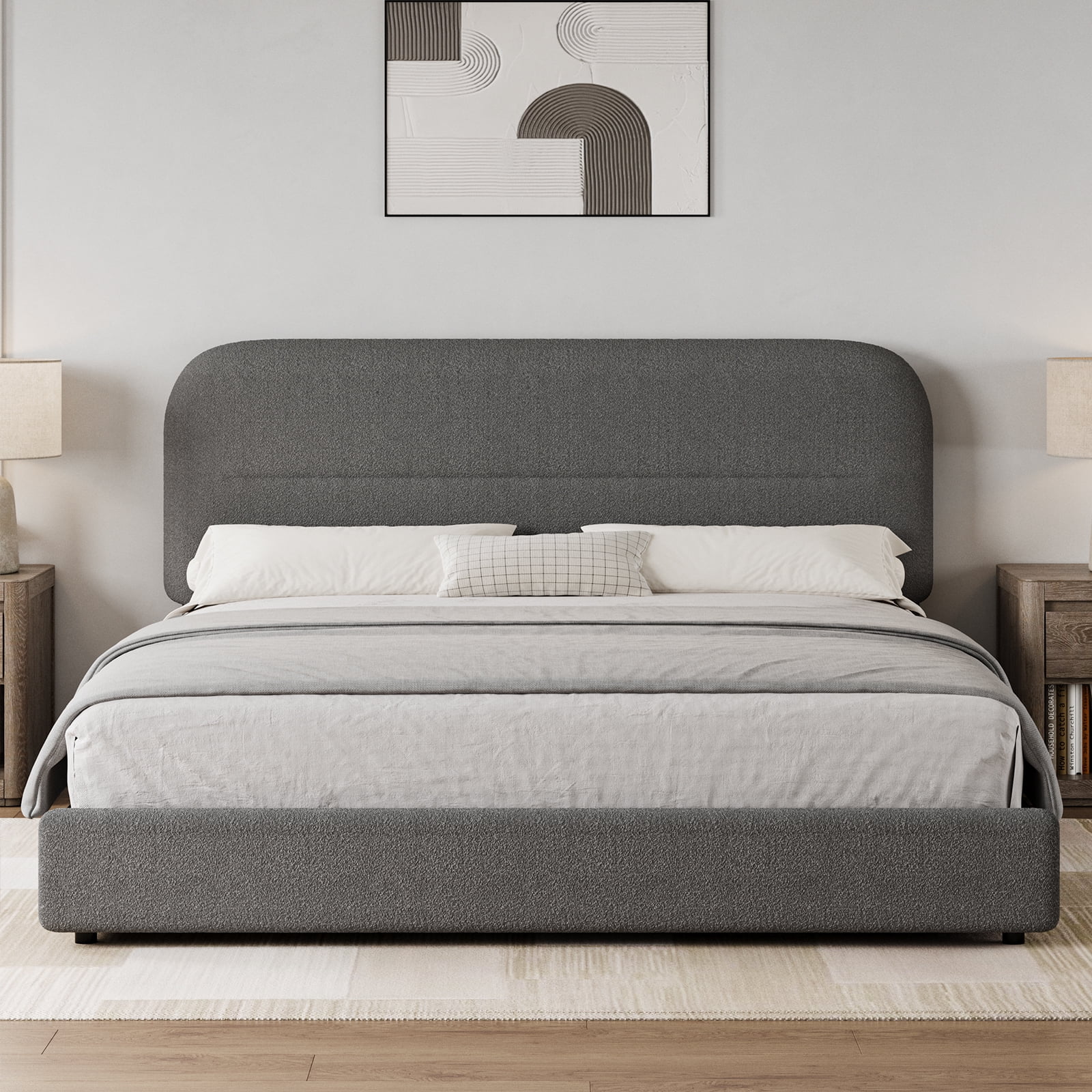 4 EVER WINNER Queen Bed Frame with Headboard, Boucle Upholstered ...