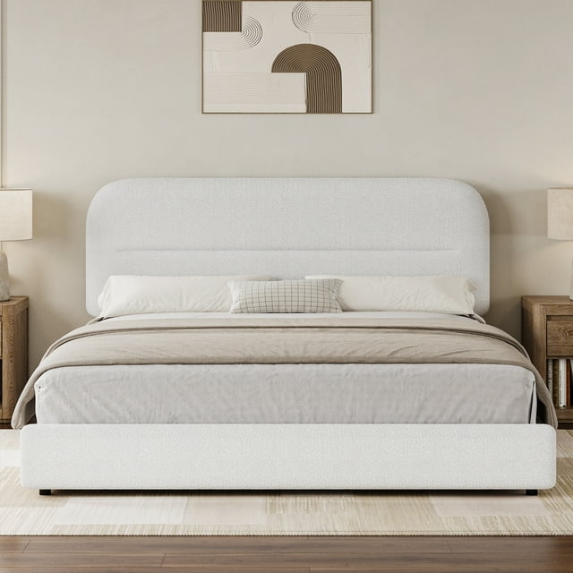 4 EVER WINNER Queen Size Bed Frame with Headboard, Boucle Upholstered ...