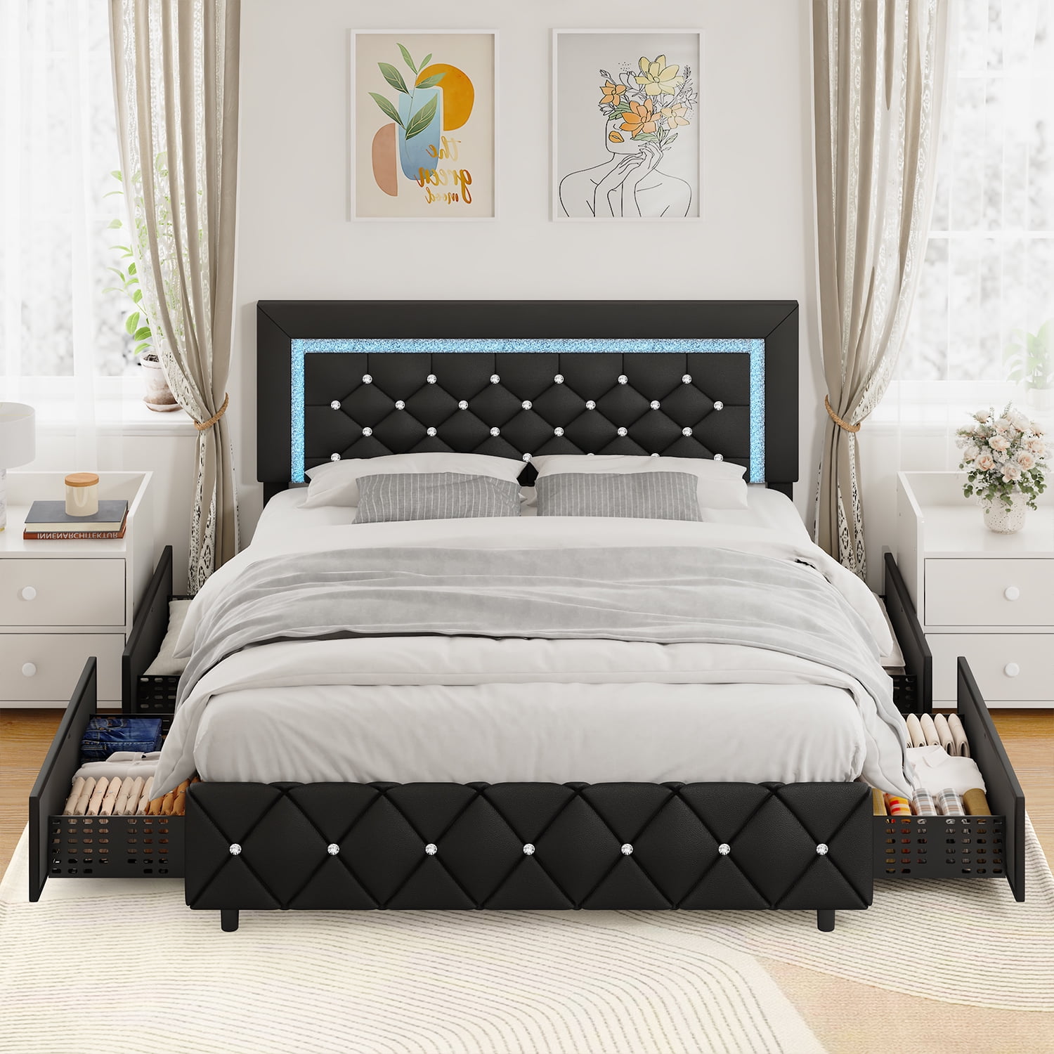 4 EVER WINNER Queen Size LED Bed Frame with 4 drawers, Black Queen Bed ...