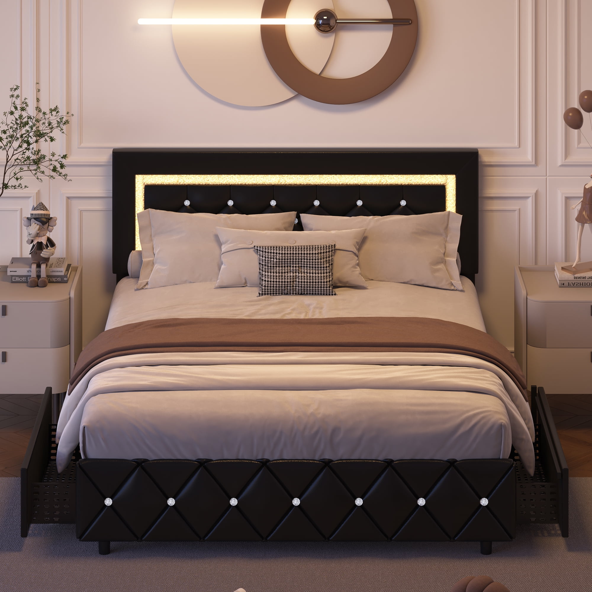 4 EVER WINNER Queen Size LED Bed Frame with 4 drawers, Black Queen Bed ...