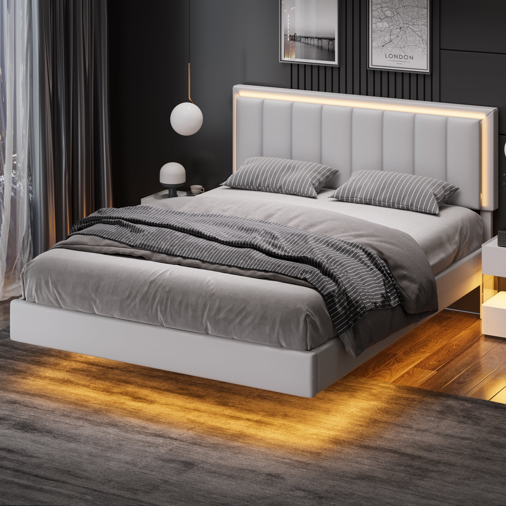 4 EVER WINNER Queen Size LED Bed Frame, Queen Floating Bed Frame with ...