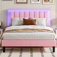 CAIDI Queen Bed Frame with LED Light and USB Ports, Linen Upholstered ...