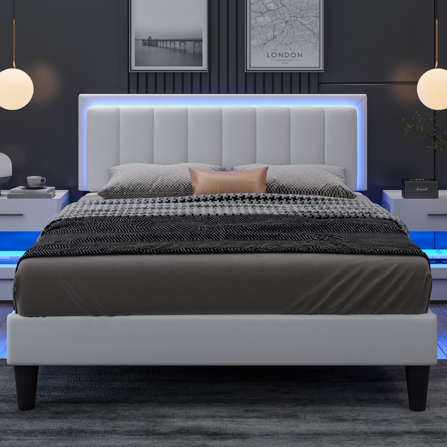 Queen Size Upholstered Platform Bed Frame with LED Lights for Kids ...