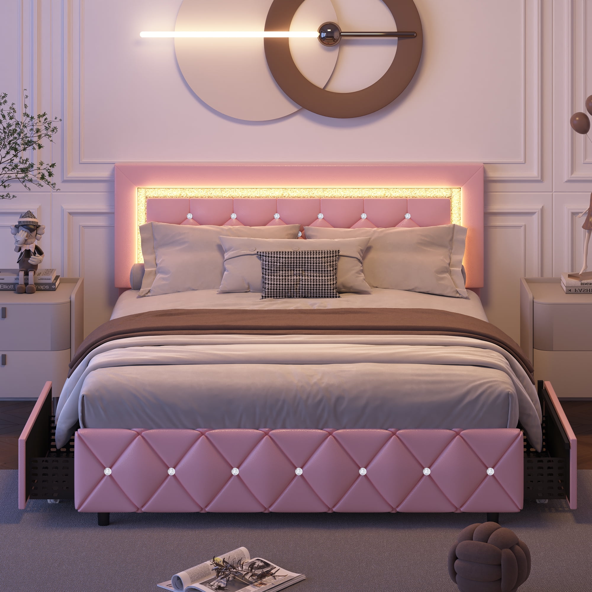 4 EVER WINNER Queen Size LED Bed Frame, Upholstered Platform Bed with 4 ...